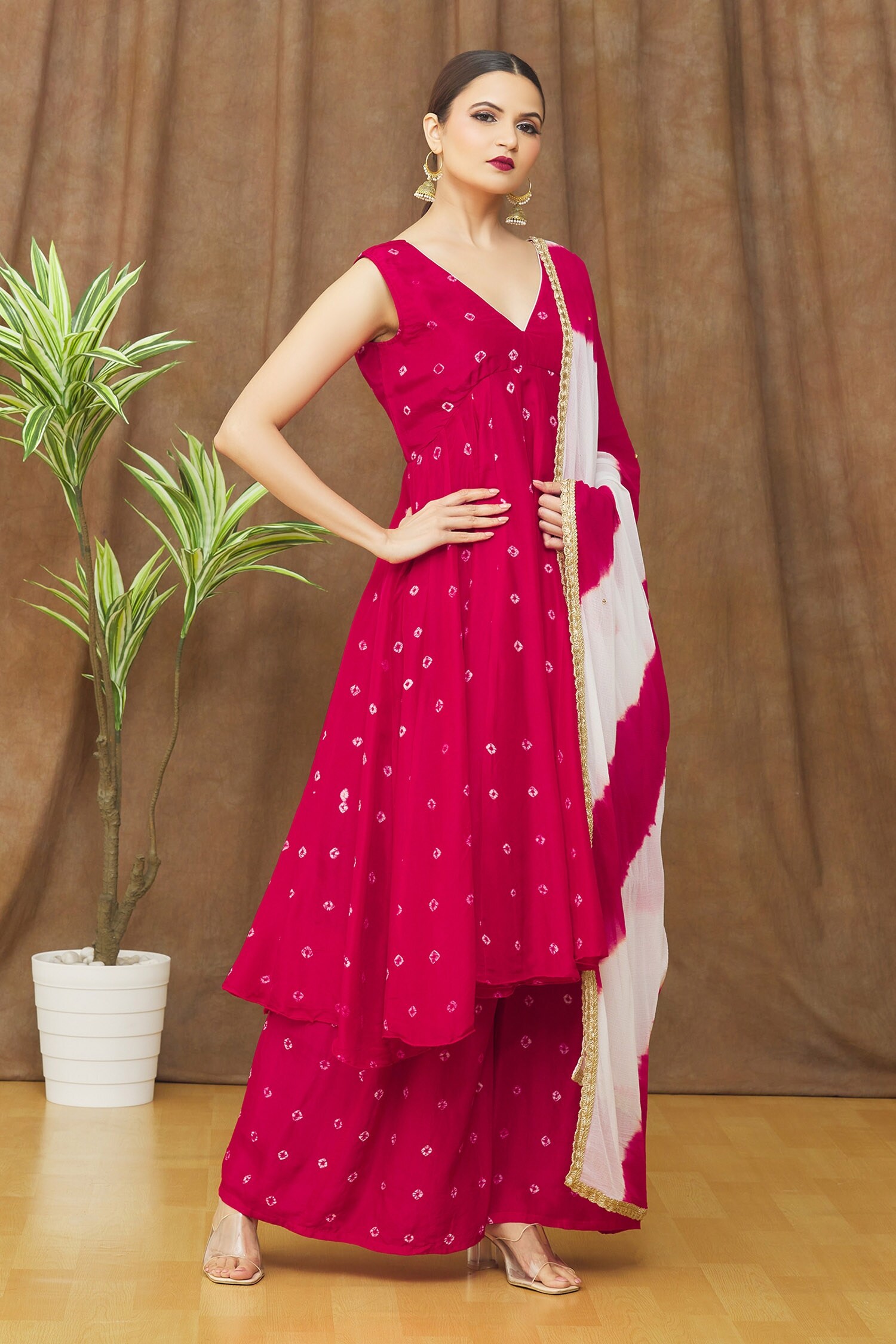 Buy Red Anarkali And Palazzo: Silk Bandhani Patterns V Neck Set For ...