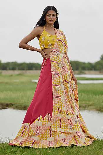 Buy Yellow Taffeta Printed Abstract Halter Neck Lehenga Set For Women ...