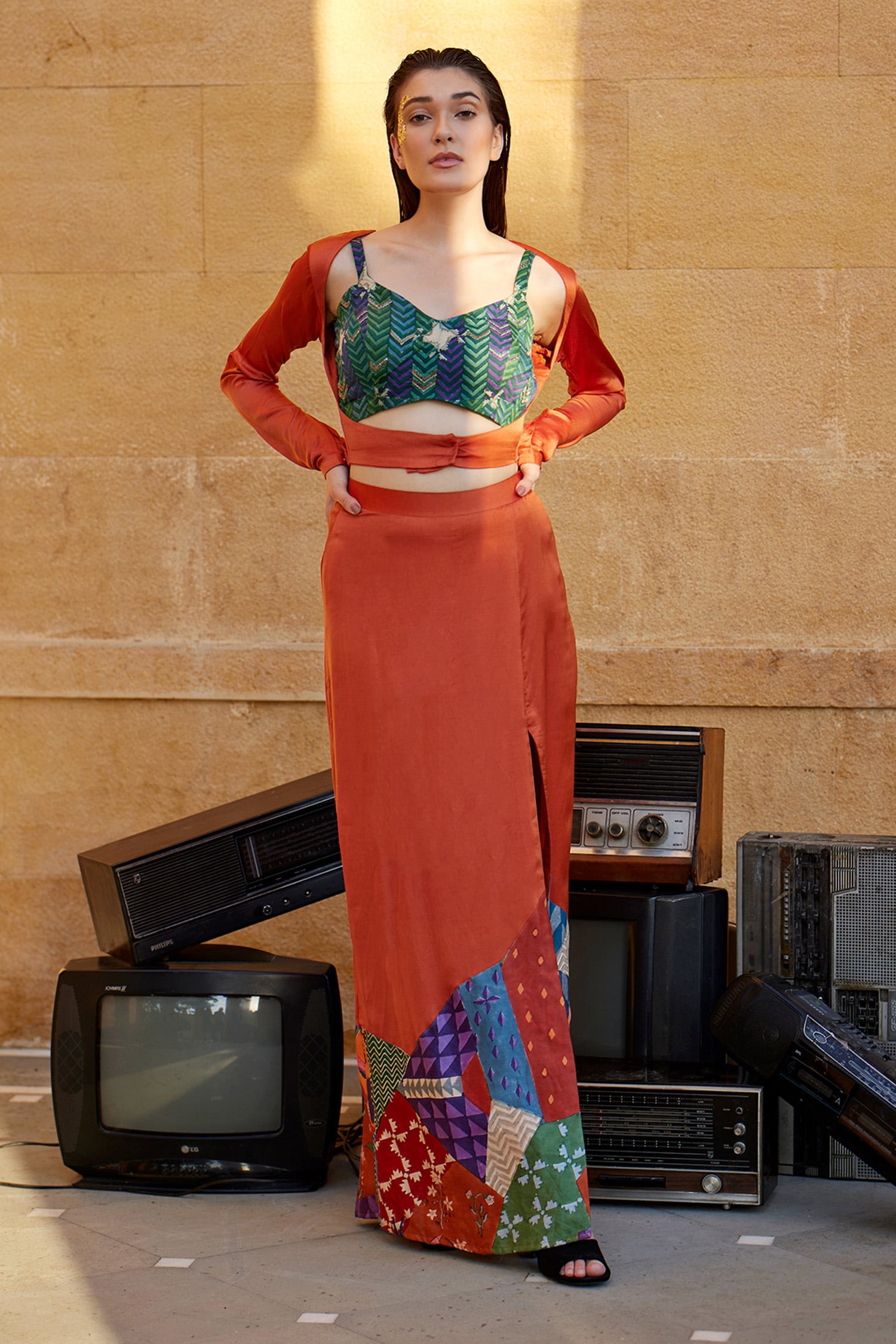 Buy Orange Modal Satin Printed And Embroidered Pencil Skirt Top Set For Women By Amrood Online