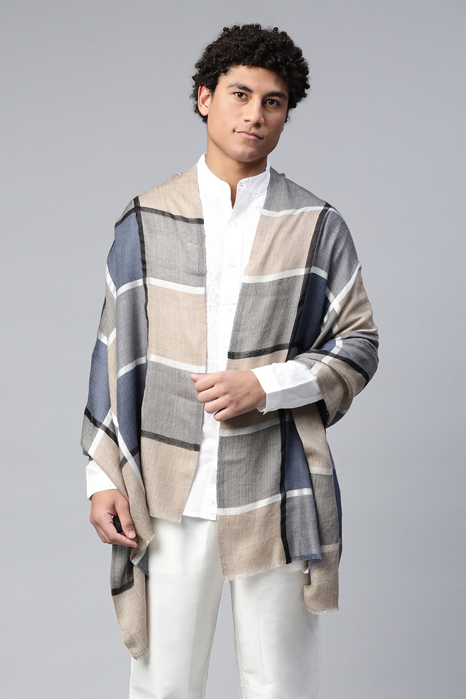Buy Grey Monotone Checkered Woolen Shawl by MODARTA Online at Aza Fashions.