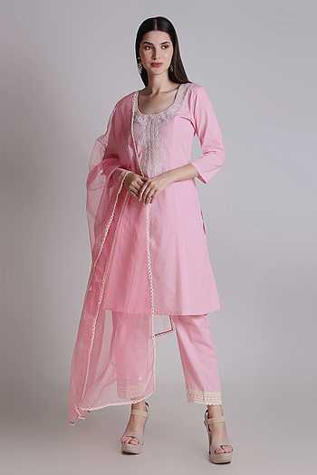 Buy Tashee Pink Cotton Pearl Blossom Embroidered Kurta With Pant Online ...