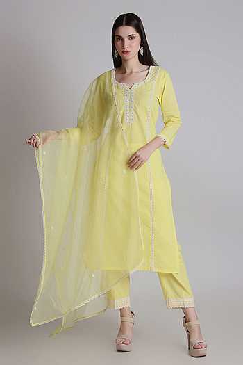 Buy Yellow Pearl Flora Embroidered Kurta Pant Set For Women by Tashee ...