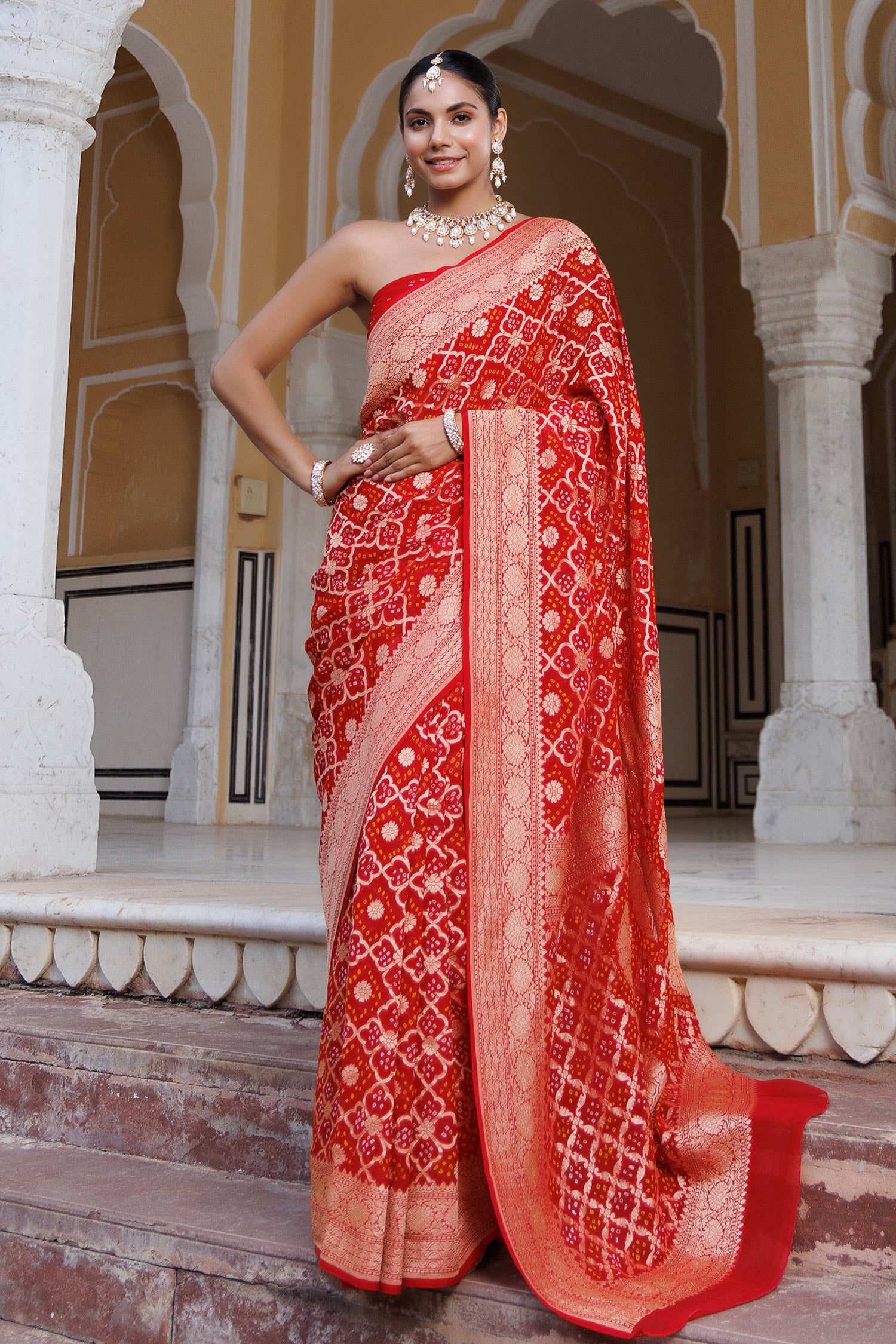 Buy Geroo Jaipur Red Dola Silk Geometric Woven Saree With Unstitched Blouse Piece Online | Aza ...
