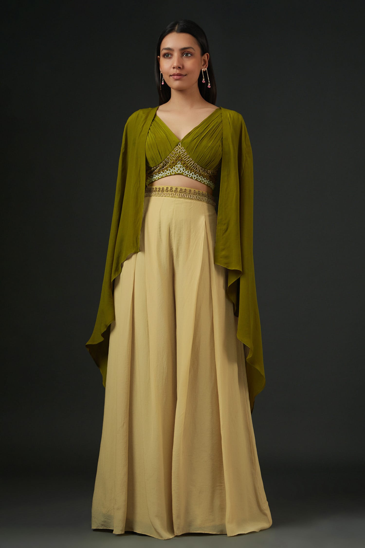 Buy Vedika Soni Green Crepe Solid Cape Flared Pant Set Online | Aza ...
