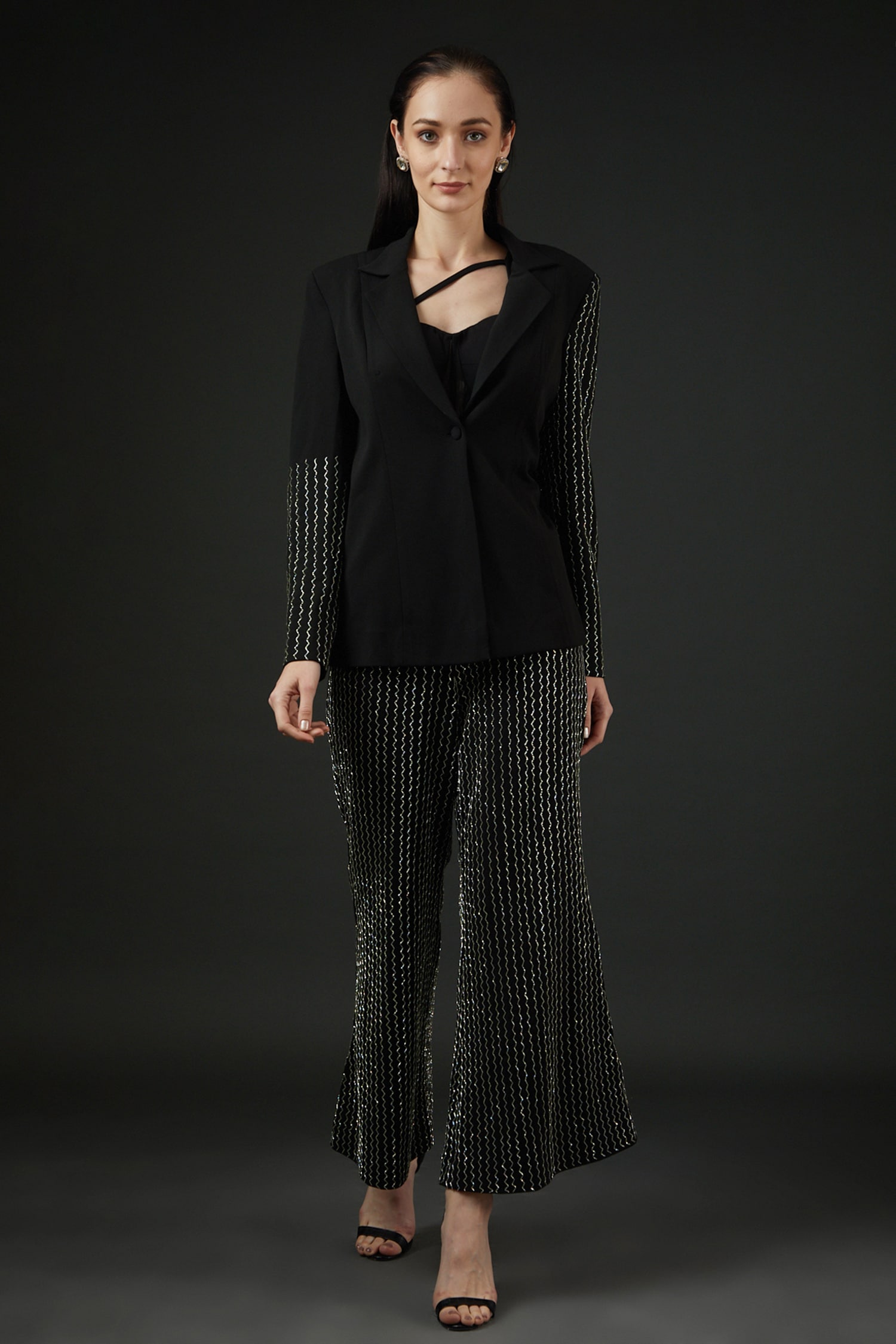 Buy Vedika Soni Black Net Sleeve Embroidered Coat Bell Bottom Pant Set ...