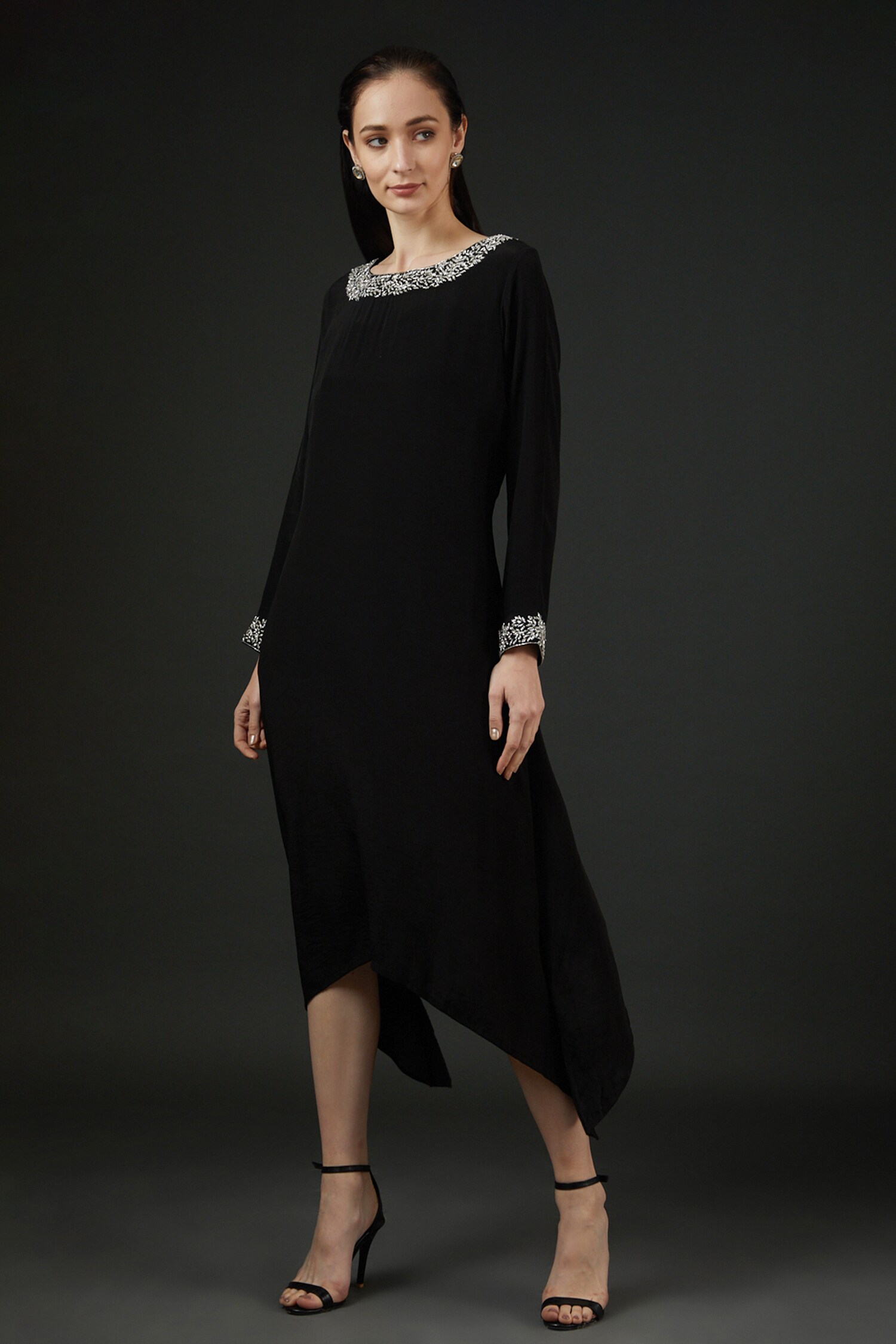 Buy Black Crepe Embroidery Cutdana Round Leaf Neckline Kurta For Women ...