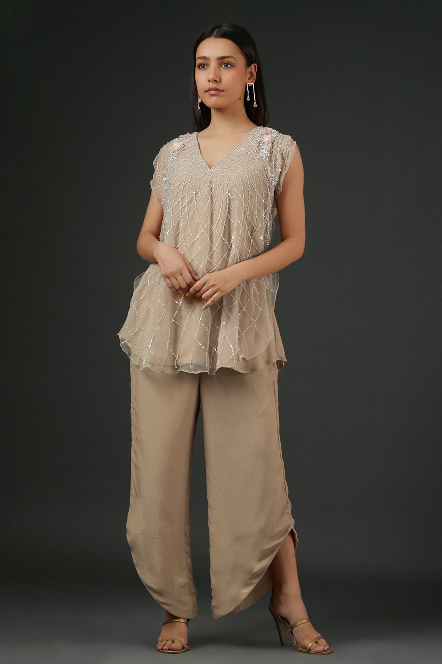 Buy Vedika Soni Beige Crepe Checkered Embroidered Top And Pant Set ...
