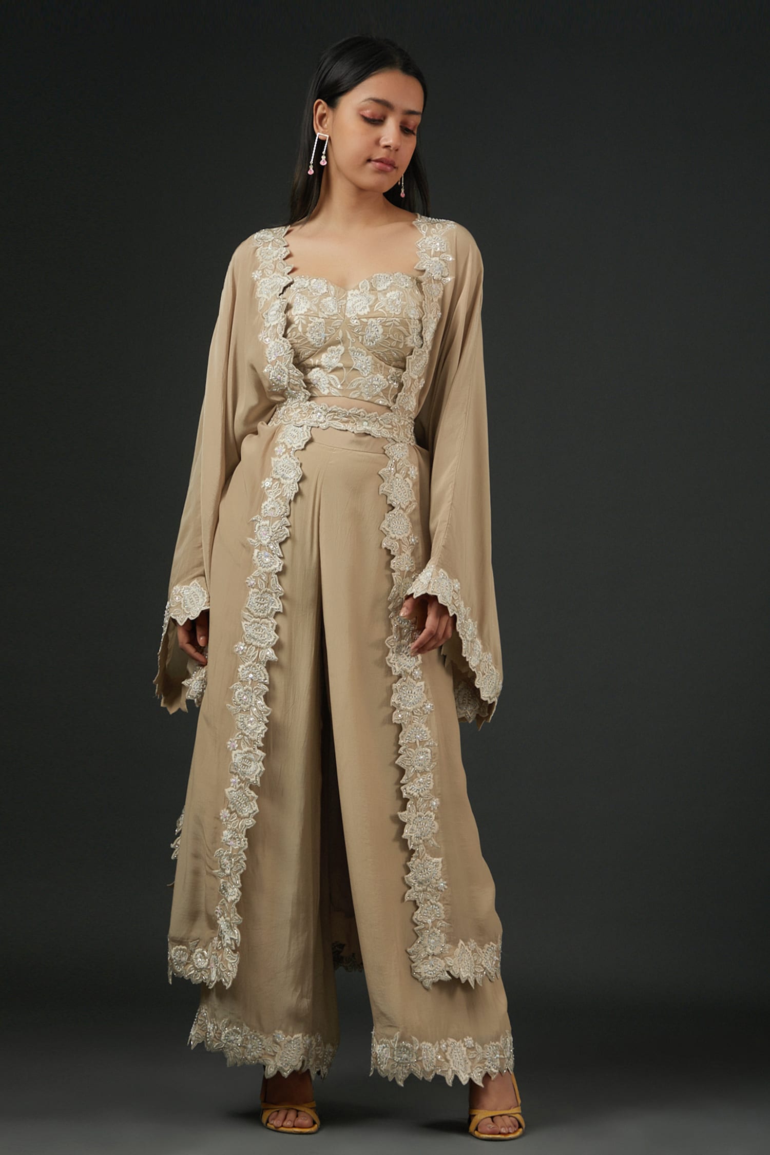 Buy Vedika Soni Beige Crepe Floral Cutwork Border Embroidered Shrug ...