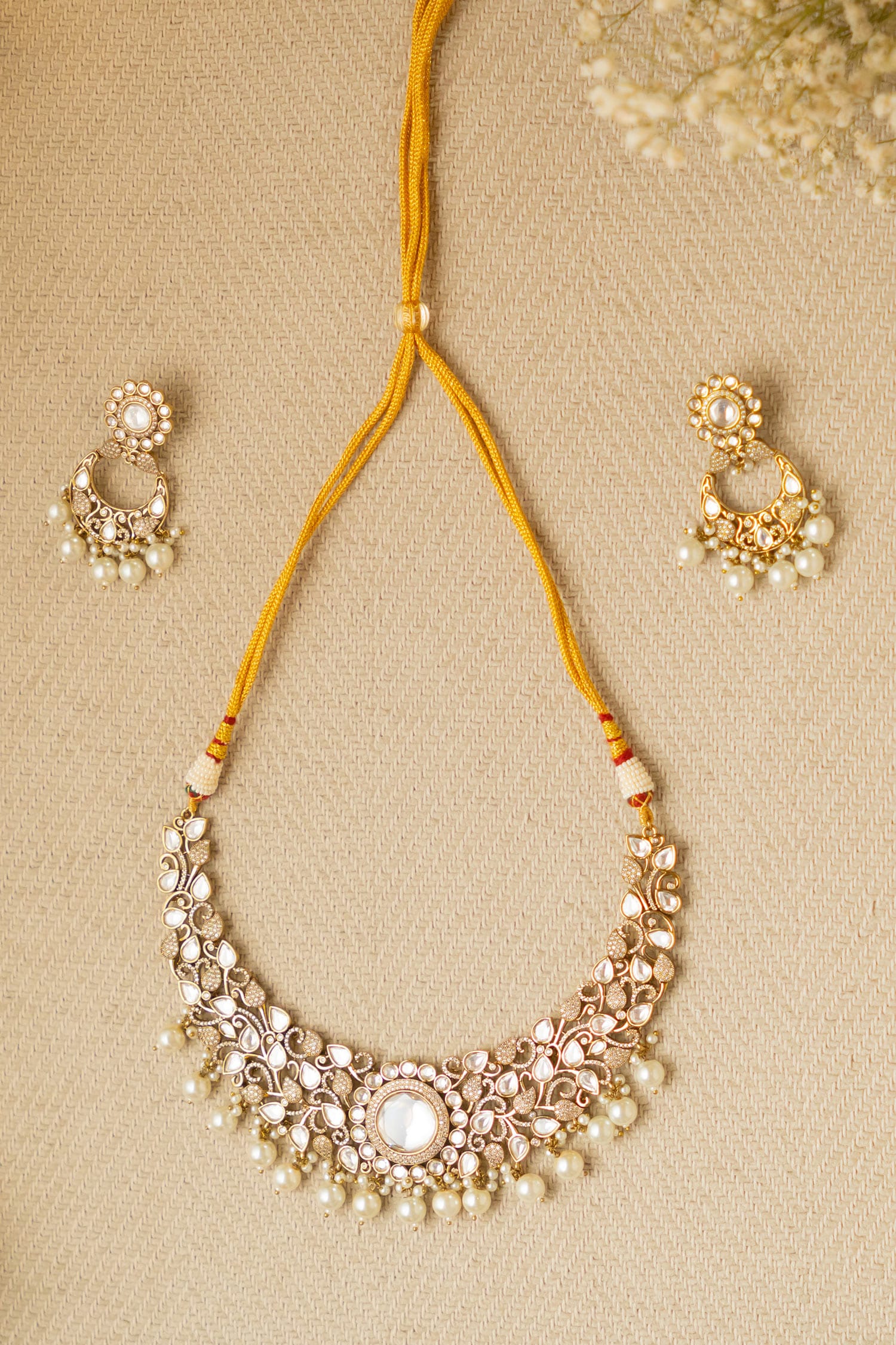 Buy White Polki Stones Pearls Hand Embellished Necklace Set by Zevar by ...