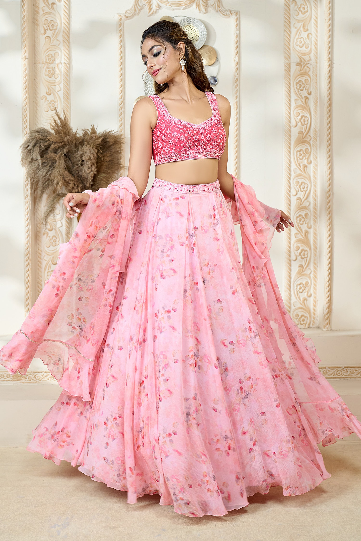 Buy Pink Lehenga And Dupatta Chiffon Printed Rose Petal V Set With ...