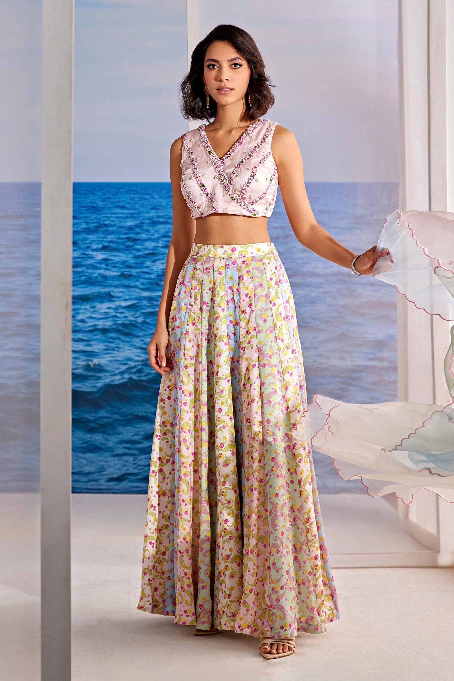 Buy Tarini Vij Multi Color Blouse Arezu Flower Print Lehenga Set Online ...