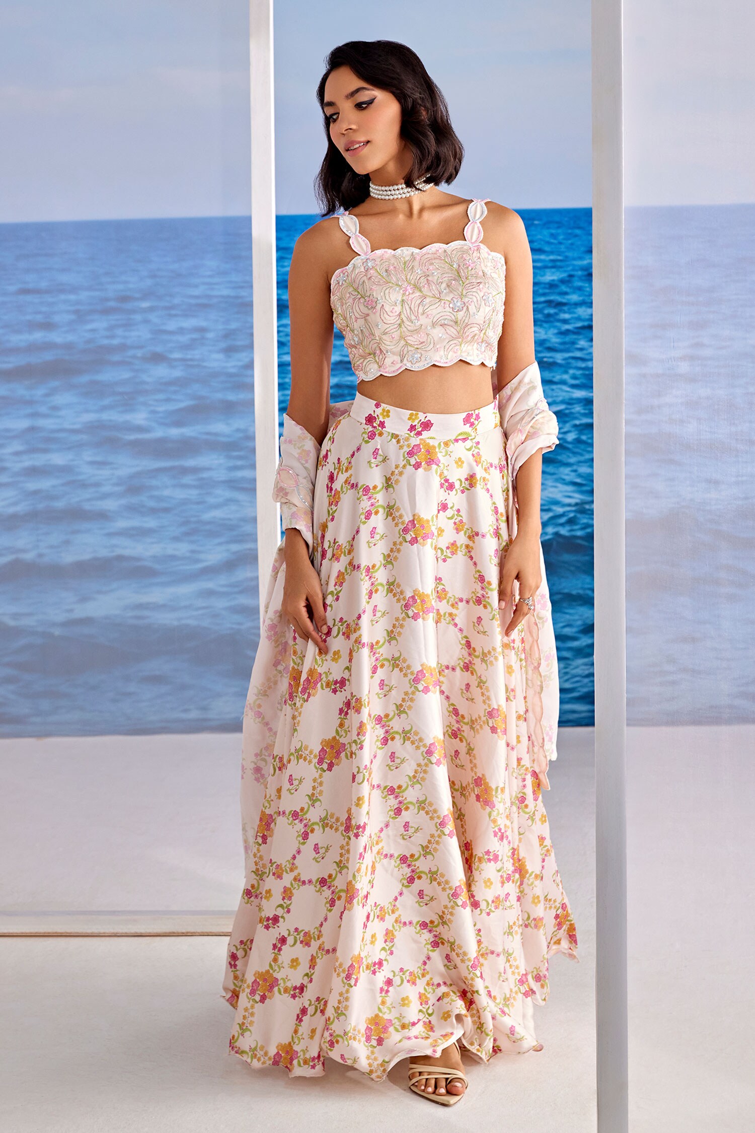 Buy Tarini Vij Off White Blouse Zavi Flower Print Lehenga Set Online ...