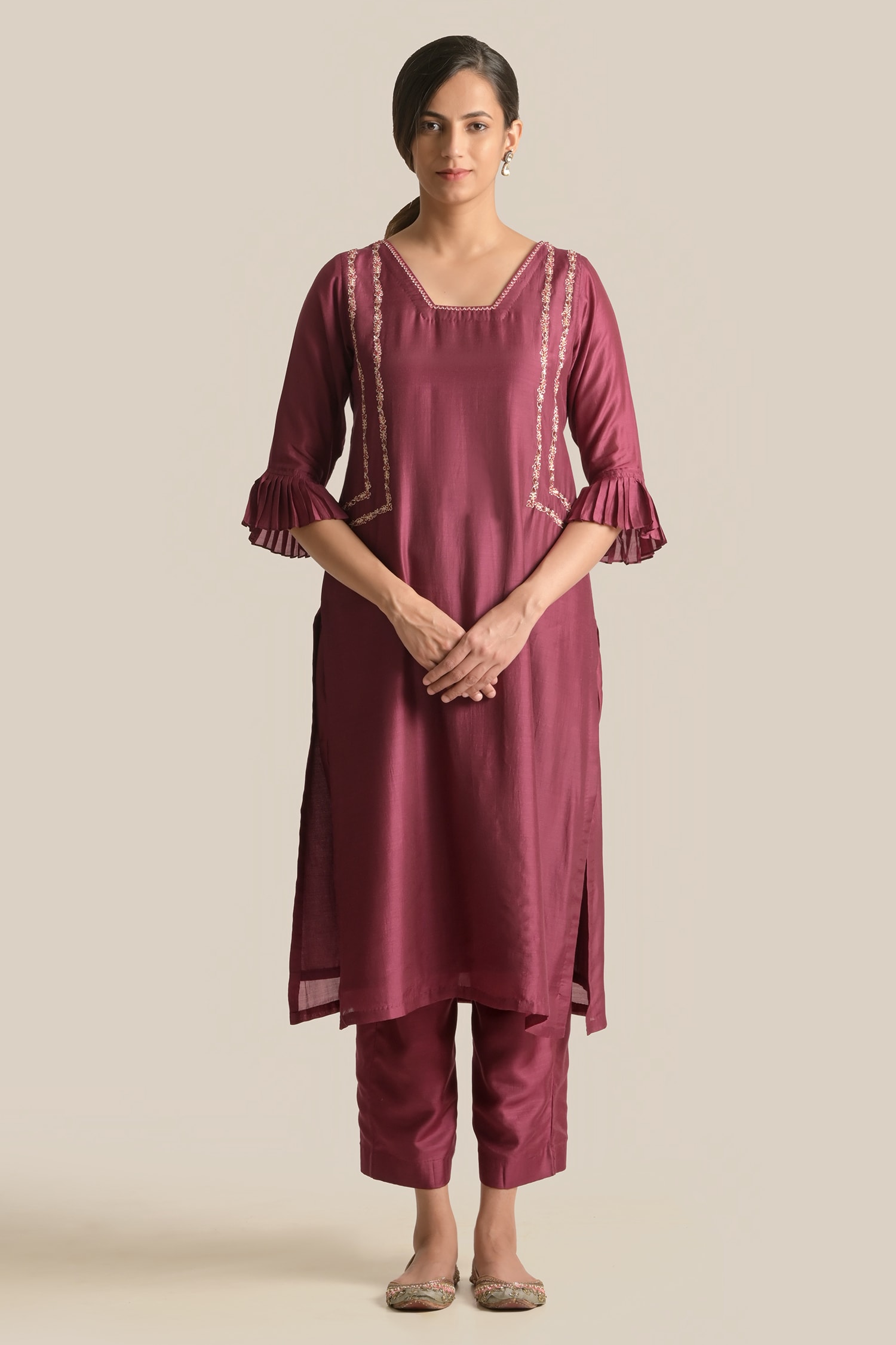 Buy Wine Silk Cotton Embroidered Pita Noor Side Panel Kurta And Pant ...