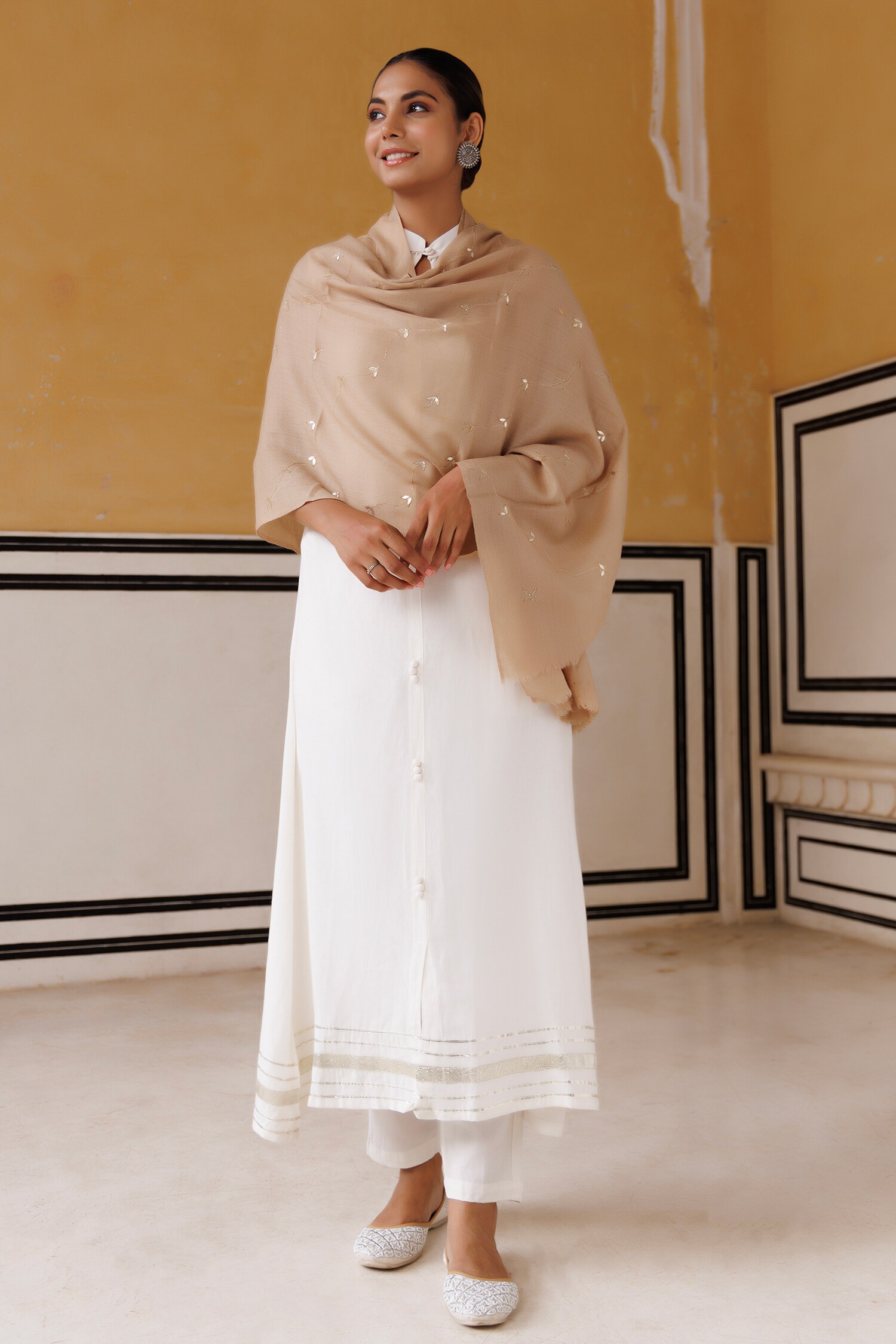 Buy Beige Gotapatti Jaal Embroidered Shawl by Geroo Jaipur Online at ...