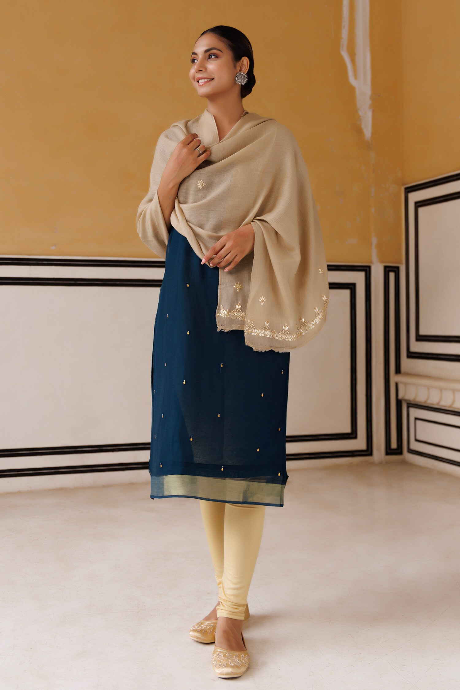 Buy Beige Zardozi Embroidered Shawl by Geroo Jaipur Online at Aza Fashions.