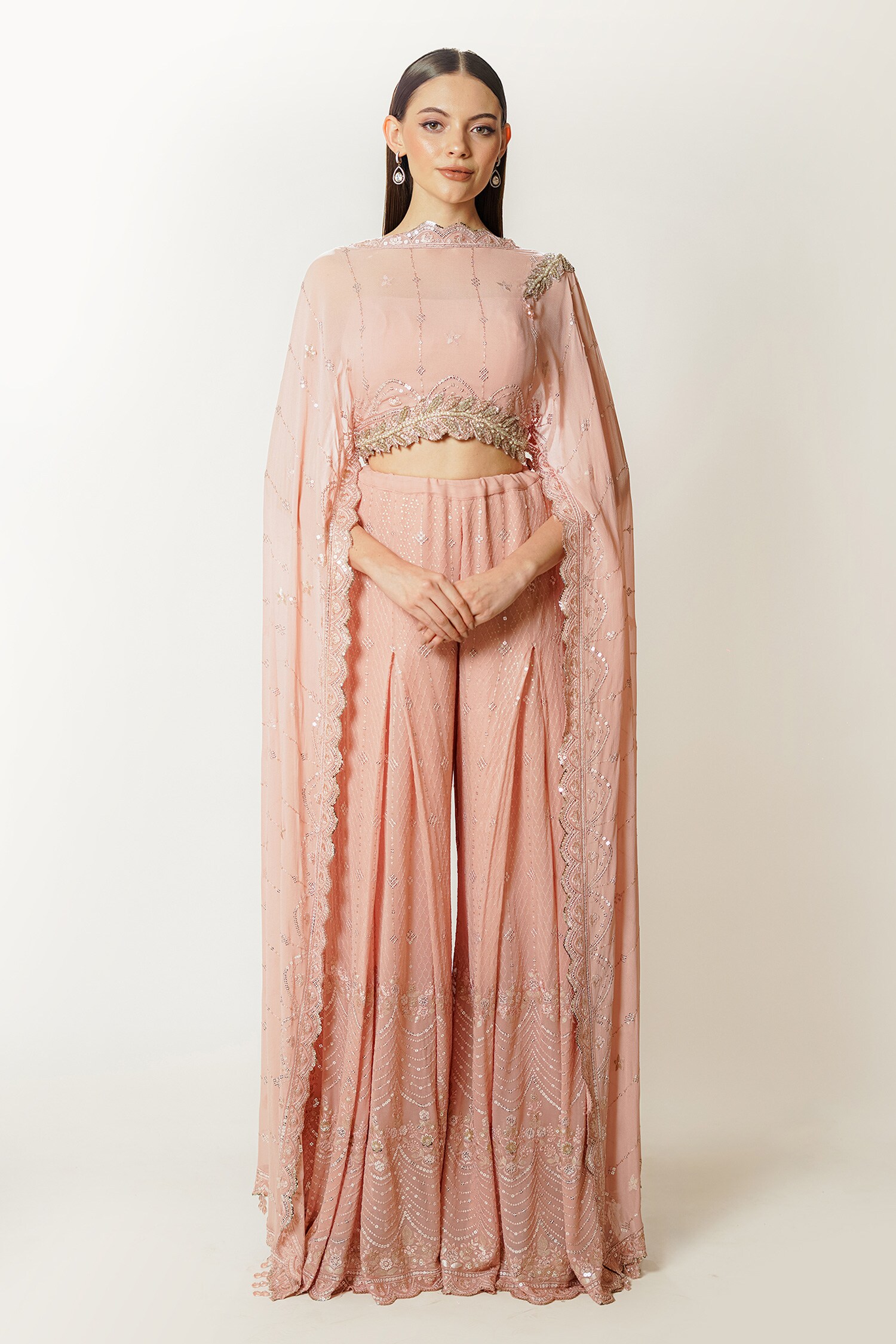 Buy Rabani & Rakha Pink Georgette Adha Embroidered Blouse And Palazzo ...
