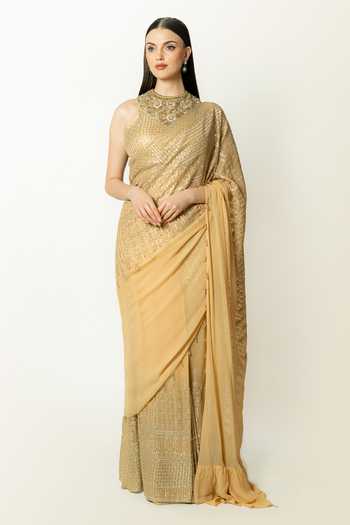 Buy Rabani & Rakha Gold Georgette Sairaa Embroidered Pre-draped Palazzo ...