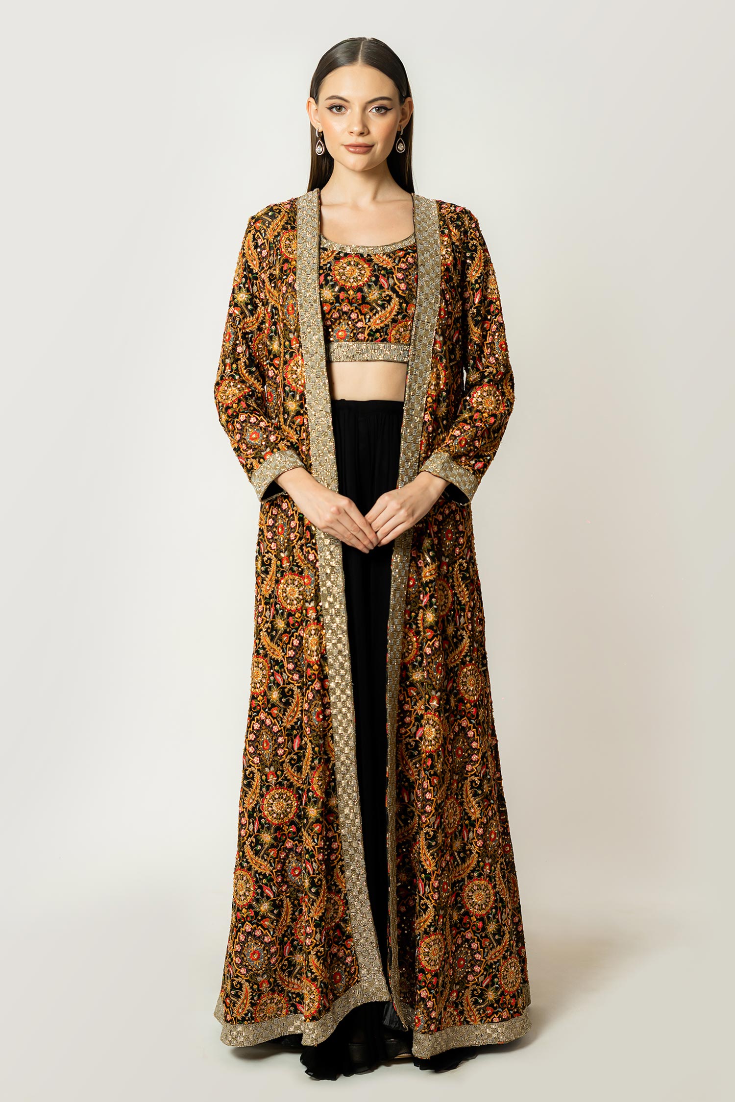 Buy Rabani & Rakha Black Georgette Rabia Embroidered Jacket Sharara Set ...