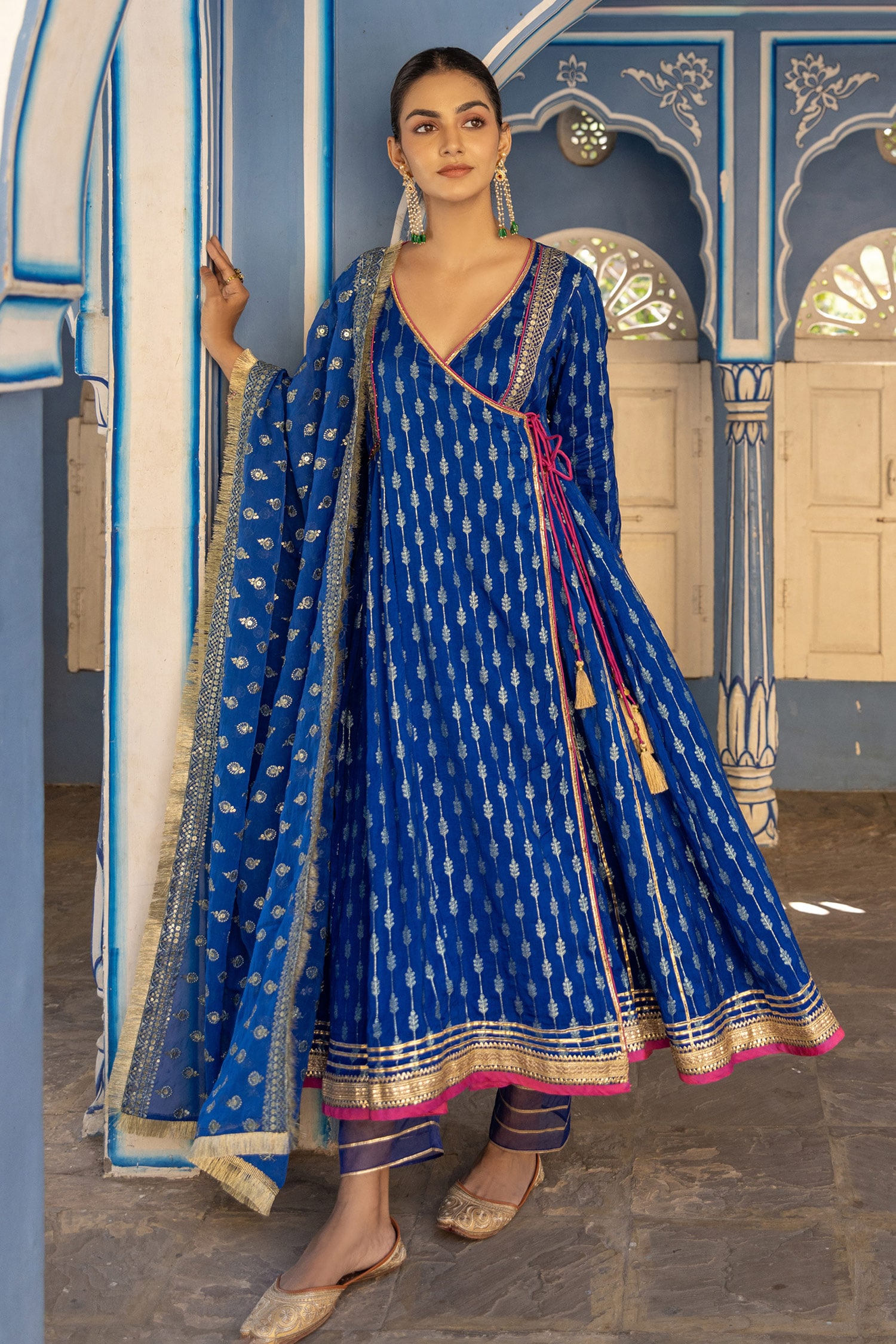 Buy Myaara Blue Foliage Pattern Angarakha Anarkali Pant Set Online ...
