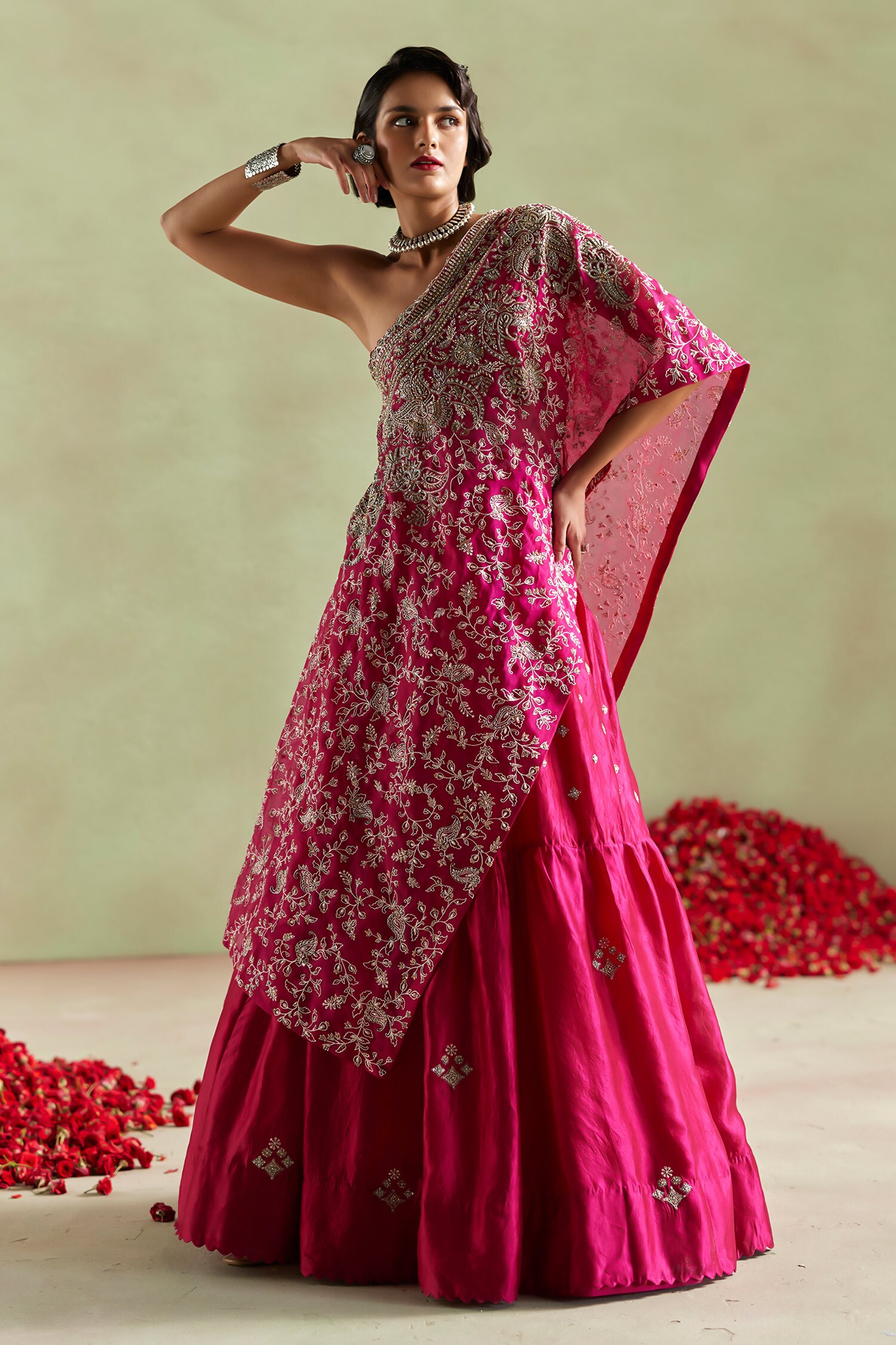 Buy Mrunalini Rao Pink Preetha Embroidered Kaftan Lehenga Set Online ...