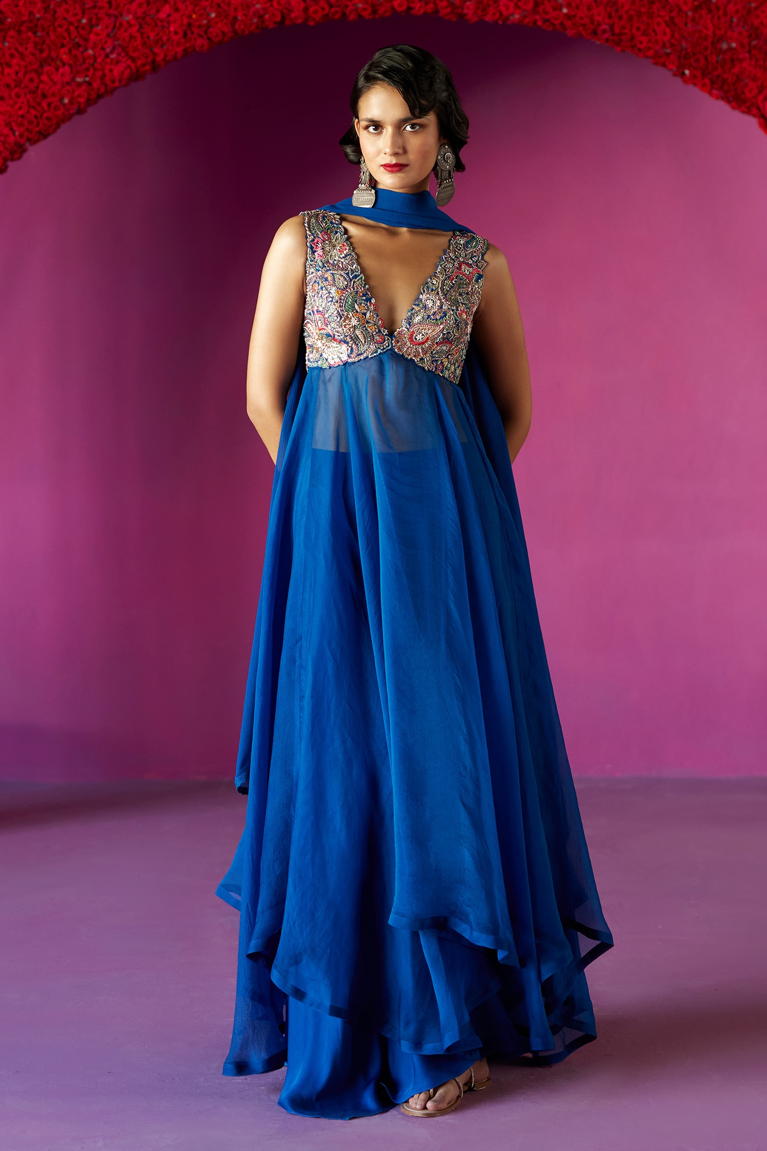 Buy Mrunalini Rao Blue Fluido Resham Embroidered Yoke Anarkali Set ...