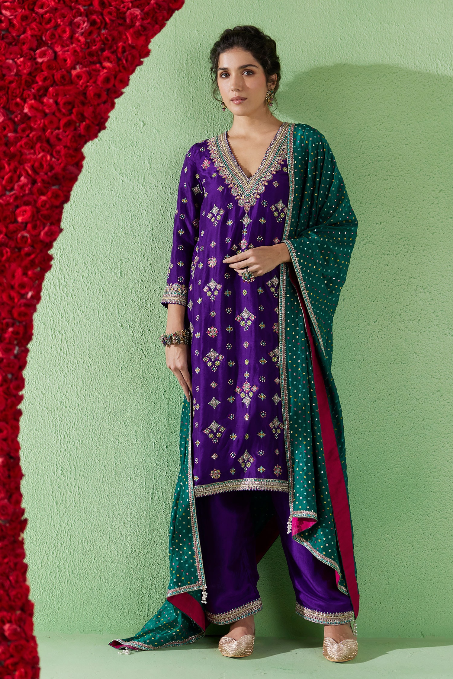 Buy Purple Pure Silk Embroidery Resham V Neck Bahaar Kurta Set For ...