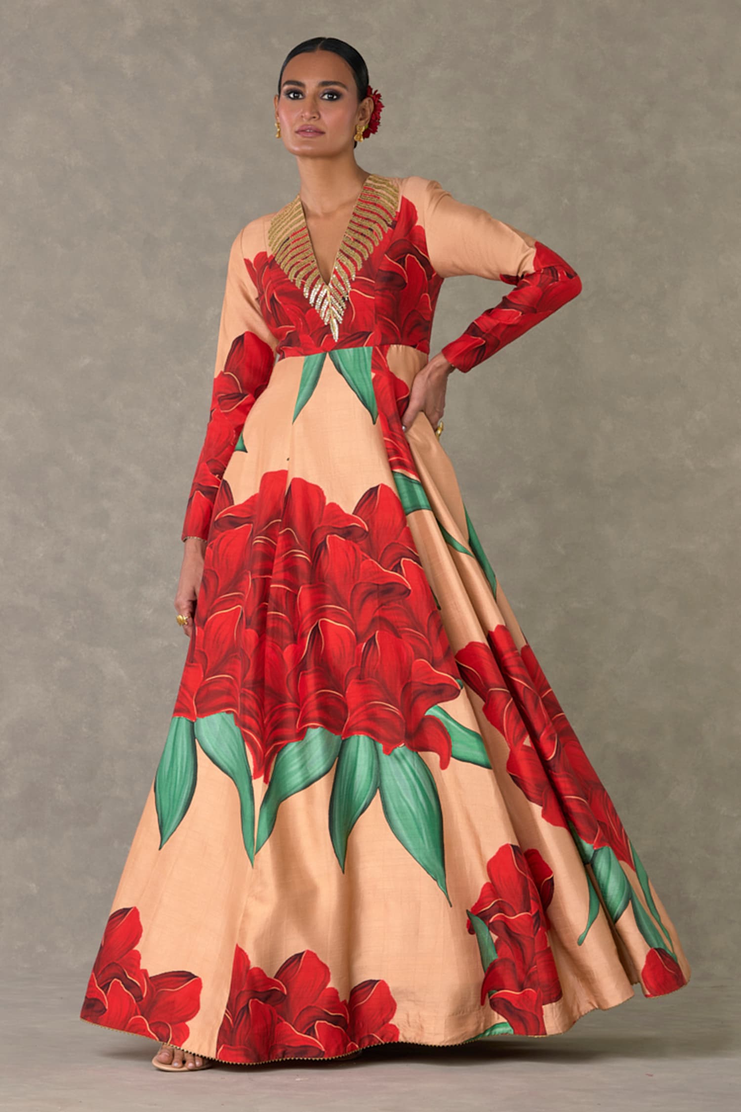 Buy Masaba Peach Raw Silk Candy Swirl Bloom Print Flared Gown Online ...