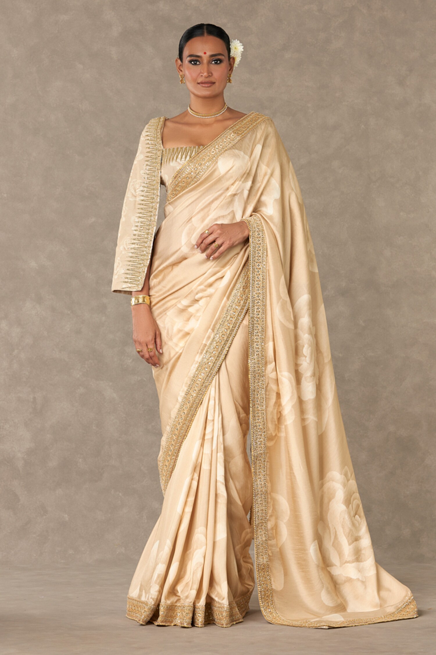 Buy Beige Raw Silk Digital Print Gulaab Saree With Cape Sleeve Blouse ...