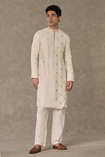 Buy Ivory Raw Silk Print Foil Plumeria Kurta With Pant For Men by ...