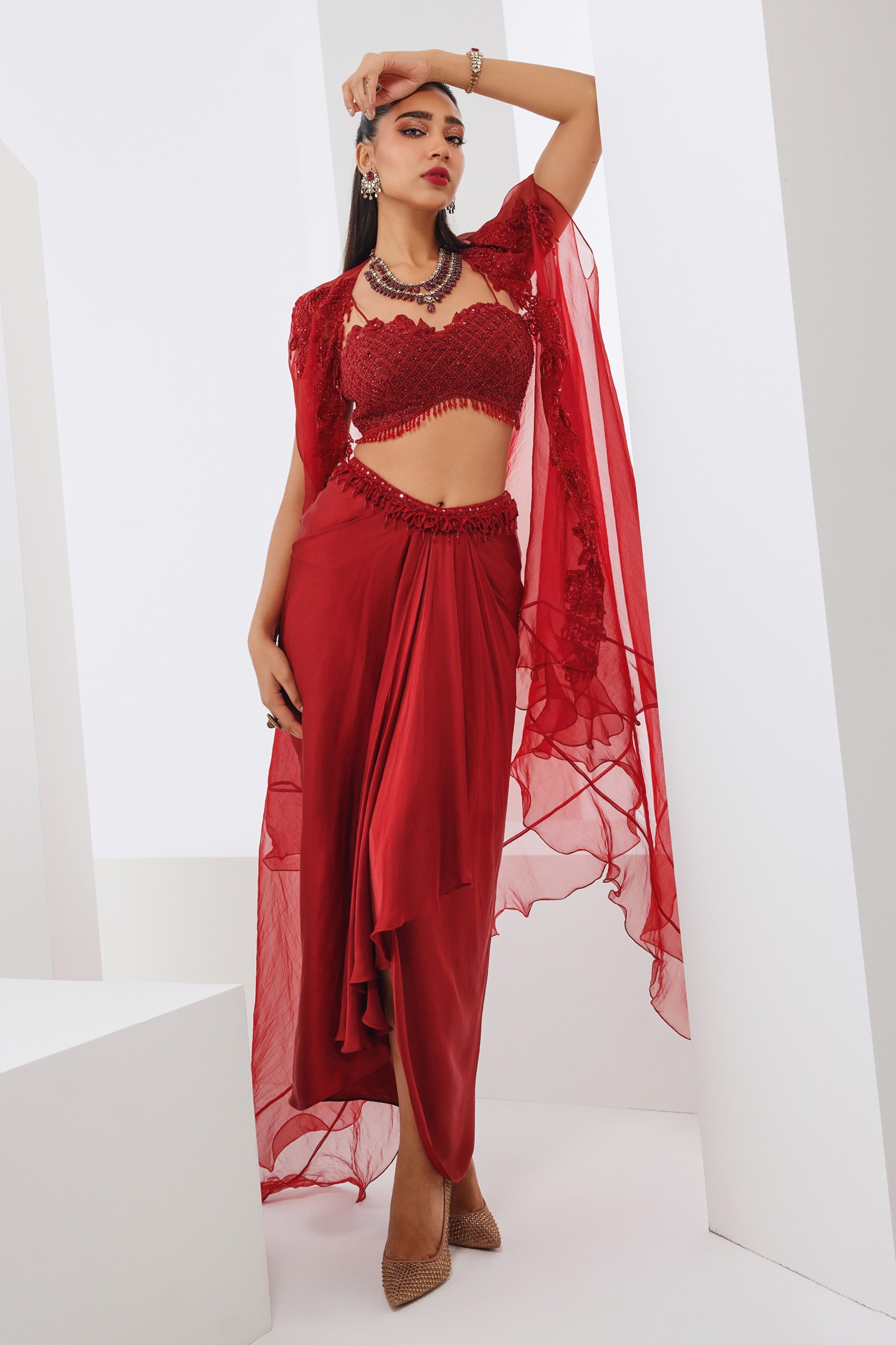 Buy Awigna Scarlett Embroidered Cape Dhoti Skirt Set Online | Aza Fashions