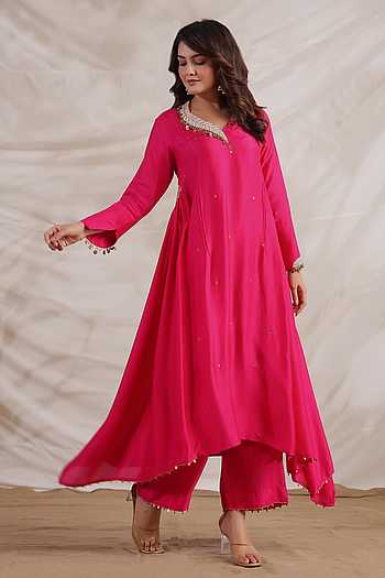 Buy Pink Silk Embroidered Zardozi And Sequin Pankh Anarkali & Palazzo ...