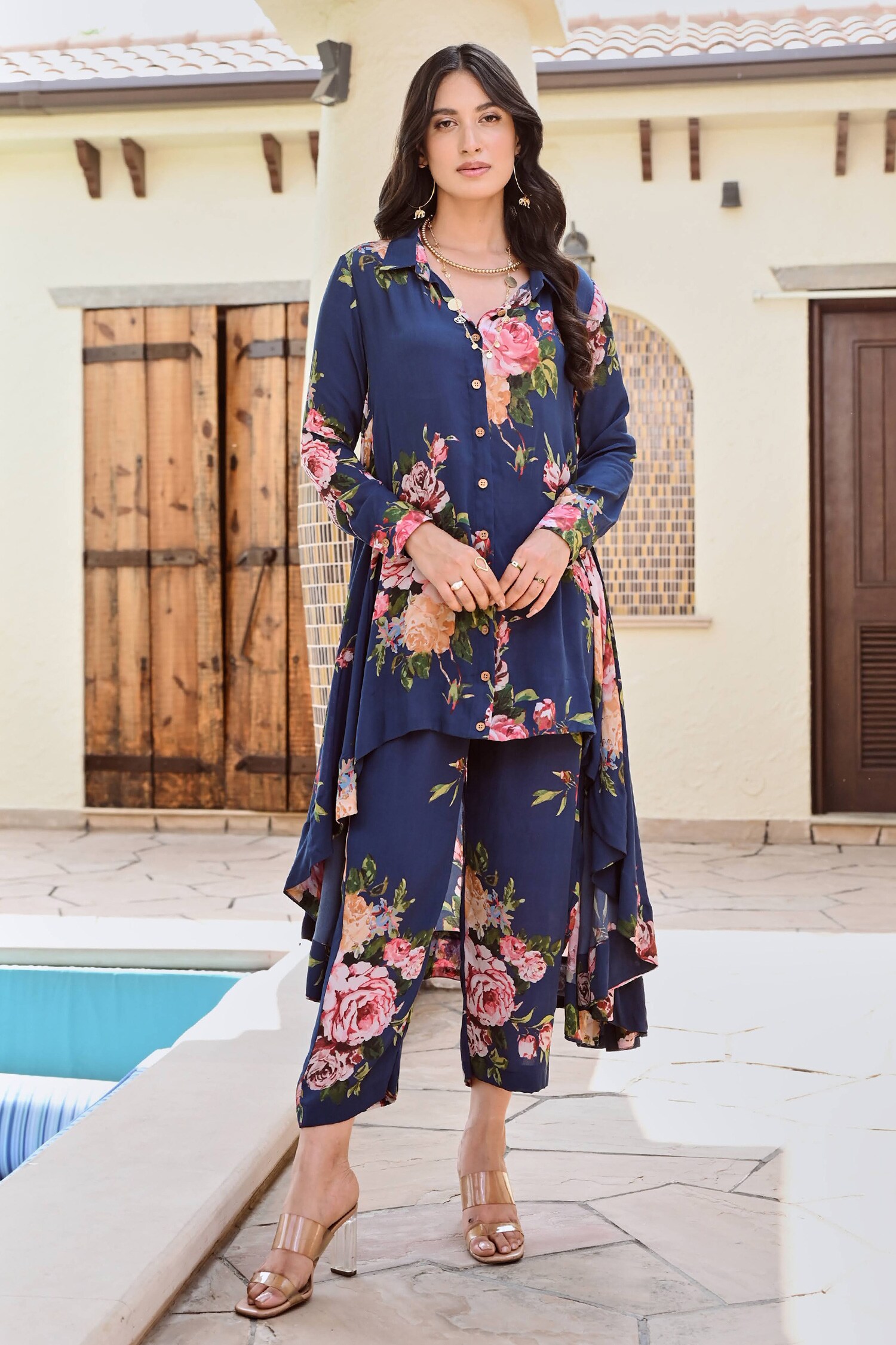 Buy Blue Pure Crepe Printed Botanical Spread Collar Ria Shirt And Pant ...