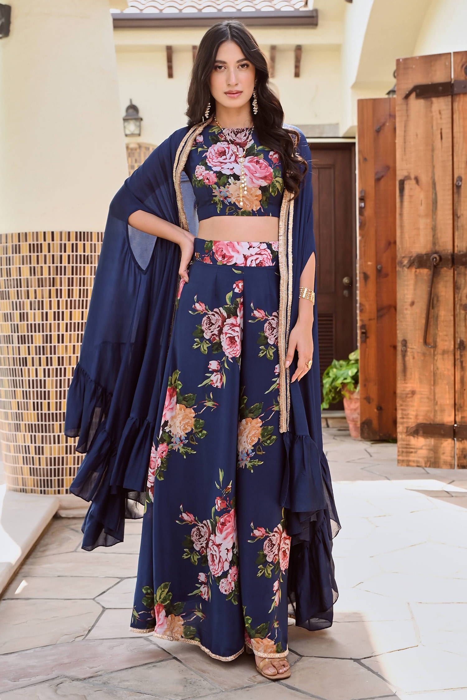 Buy Blue Pure Crepe Printed Floral Zeeba Placket Embellished Palazzo ...