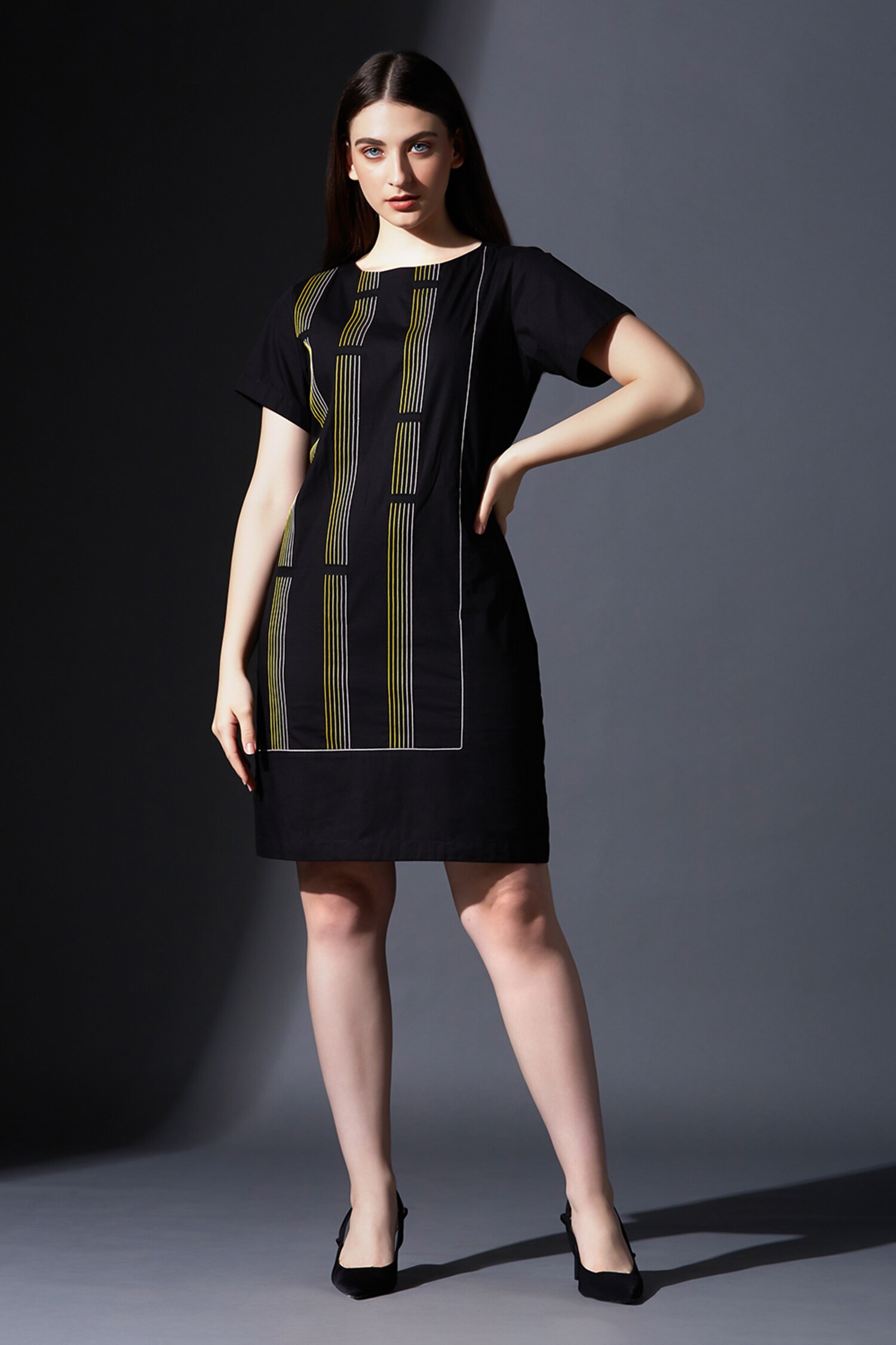 Buy Black 100% Cotton Embroidered Cord Work Round Stripe Pattern Dress ...