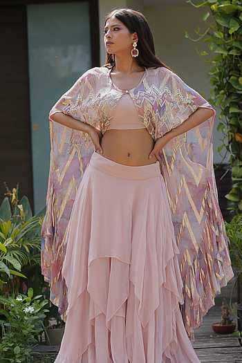 Buy Akanksha Mago Pink Georgette Pearl Embroidered Cape Skirt Set ...