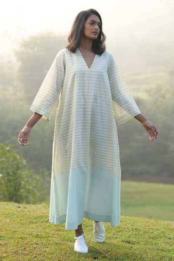 Buy Green Kerala Stripe Pattern V Neck Handwoven Dress For Women by ...