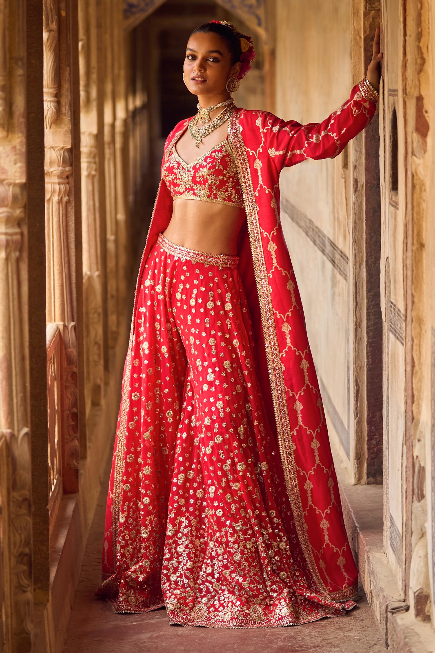 Buy Red Brocade Embroidery Thread Top V Neck Floral Pattern Jacket ...