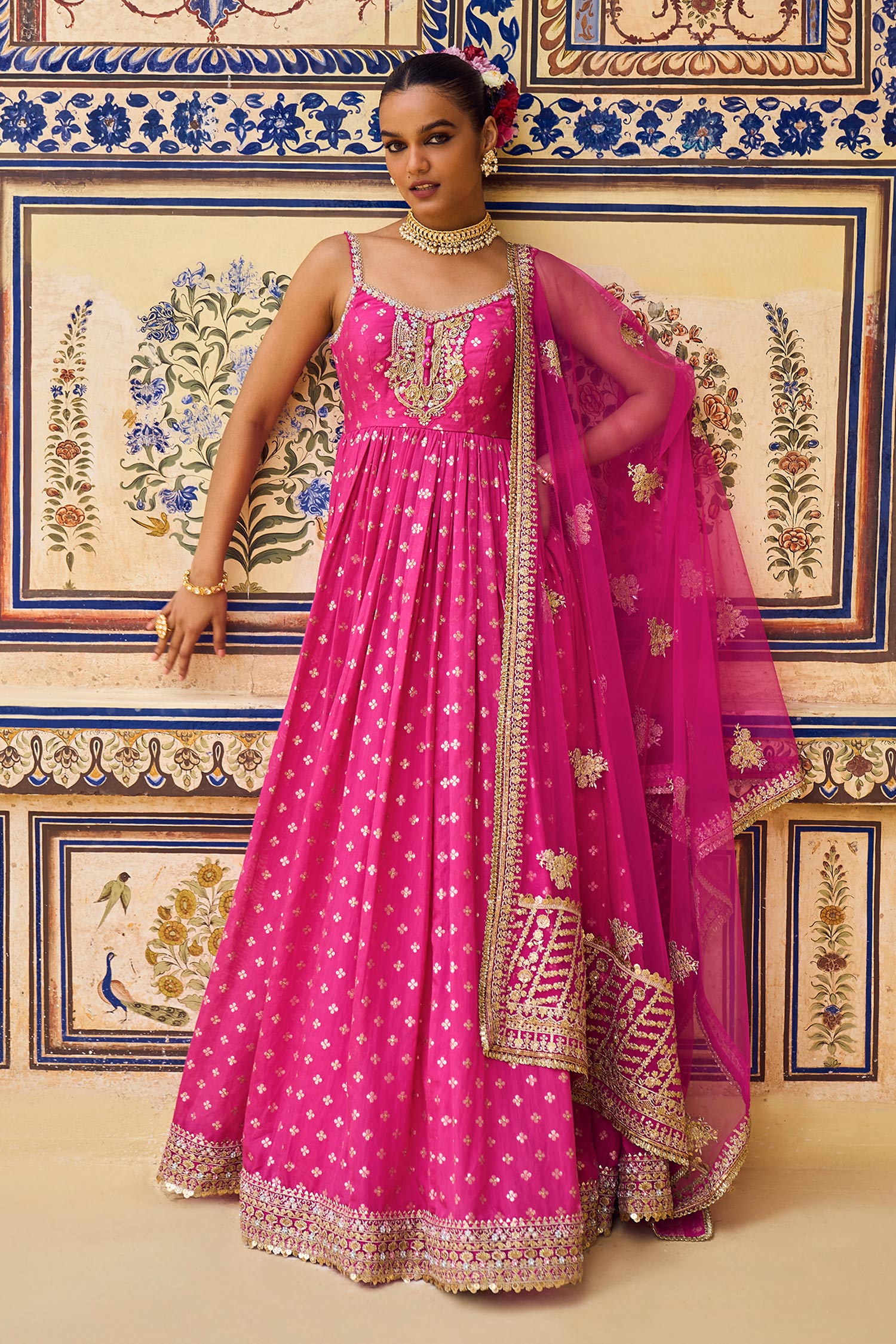 Buy Pink Brocade Embroidery Thread V Neck Floral Pattern Anarkali Pant