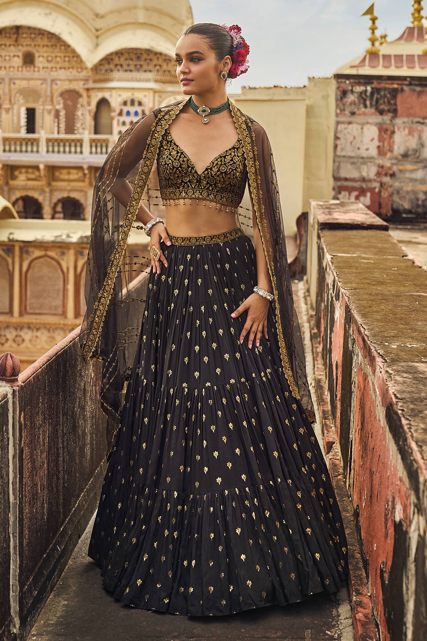 Buy Black Brocade Embroidery Thread Flower Butti Pattern Lehenga Set ...