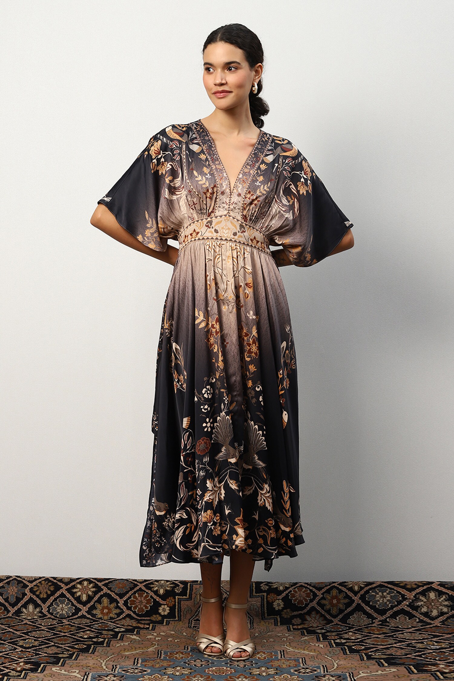 Buy Ranna Gill Black Dull Satin Fiona Mughal Garden Print Dress Online ...