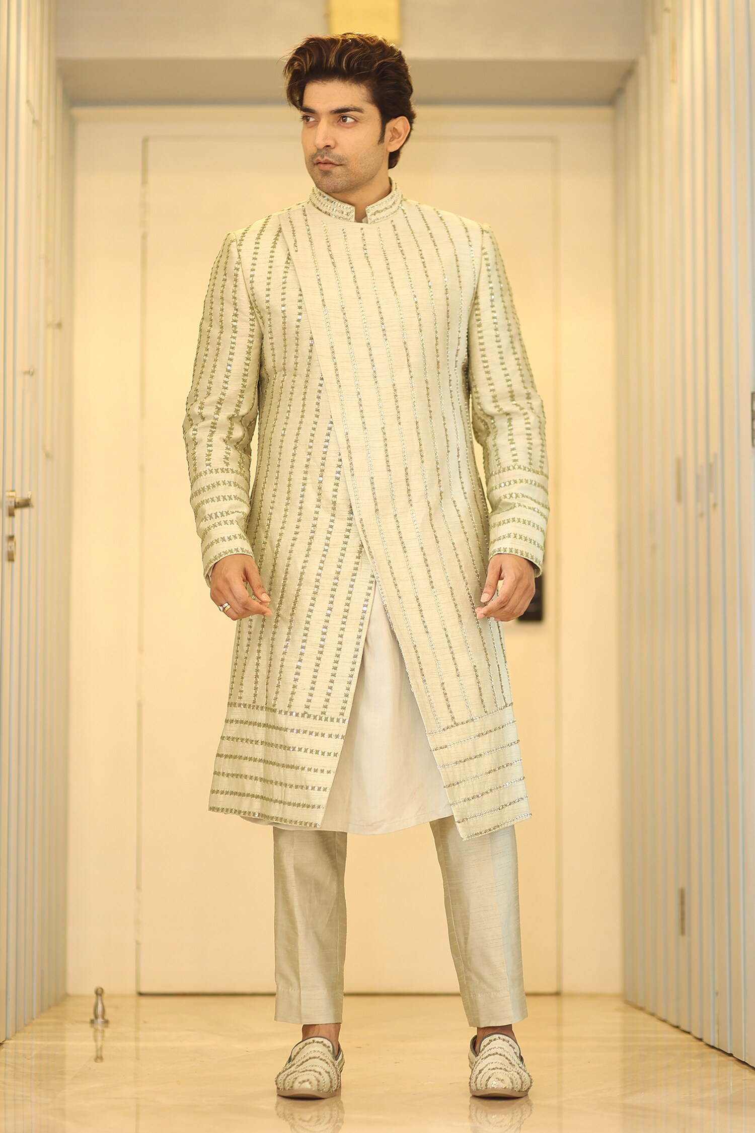Buy Green Sherwani: Raw Silk Embroidery Linear Satin Set For Men by ...