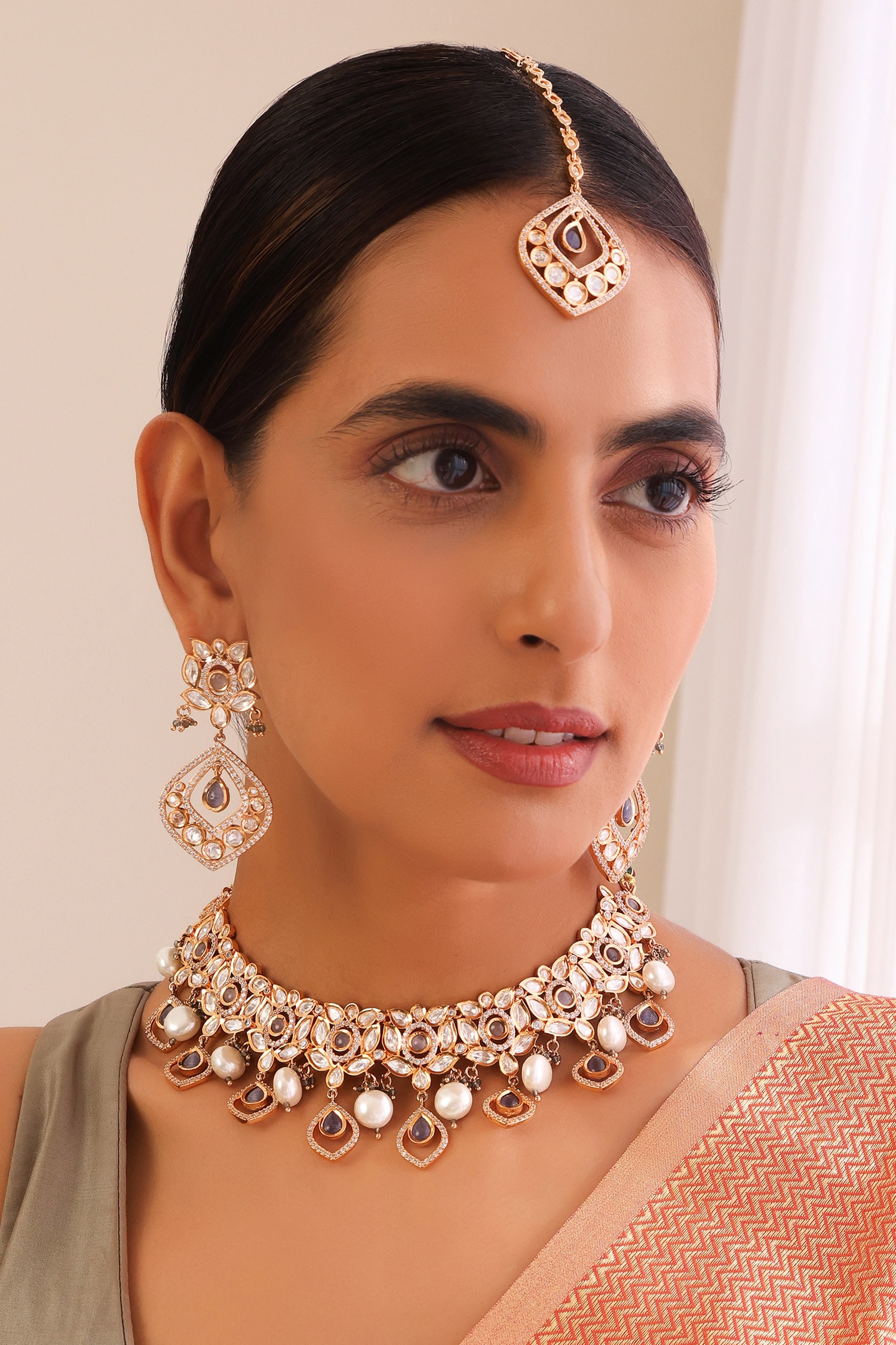 Buy Grey Polki Embellished Choker Necklace Set by SWABHIMANN Online at ...