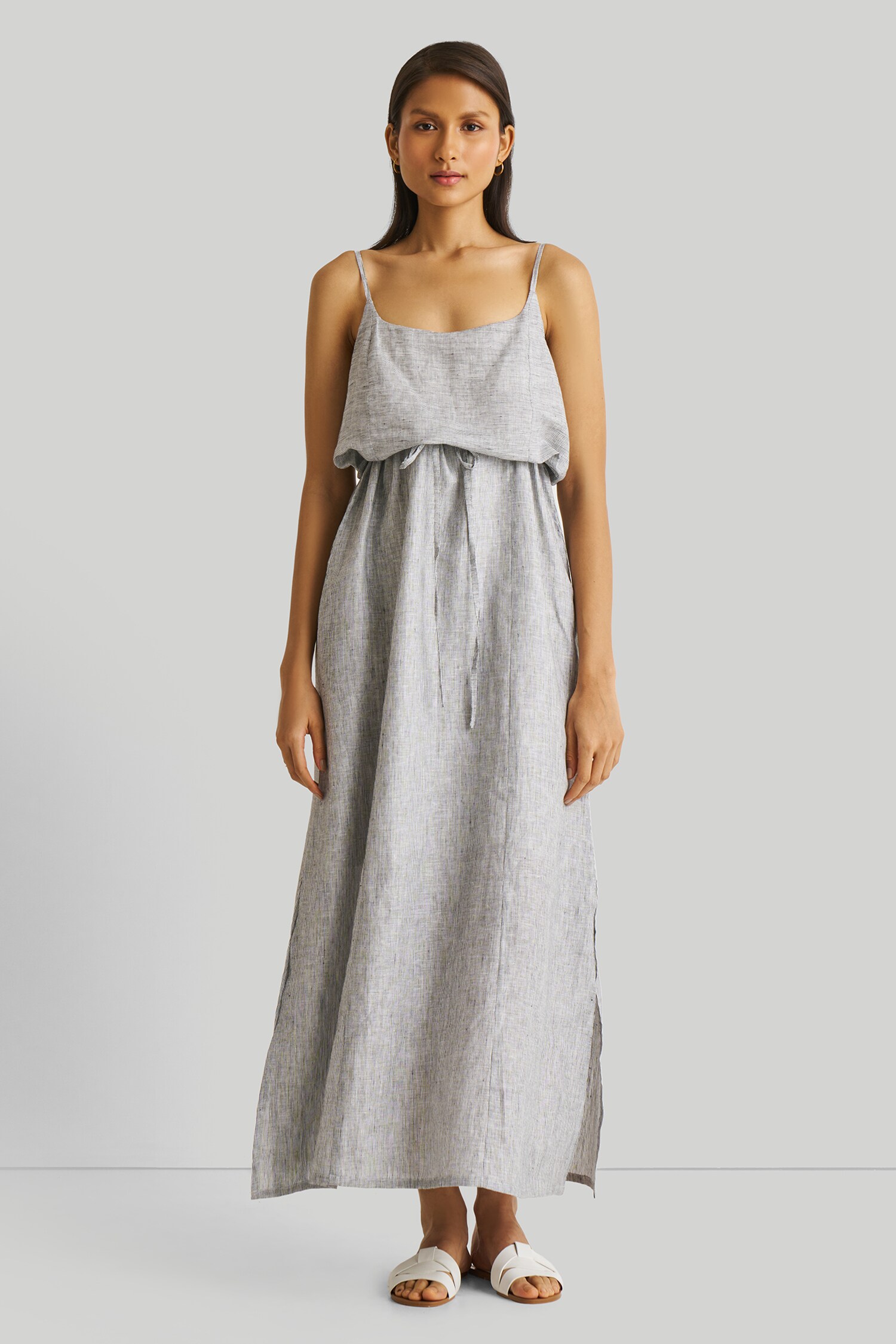 Buy Blue Linen Pin Striped Square Neck Pattern Strappy Dress For Women ...