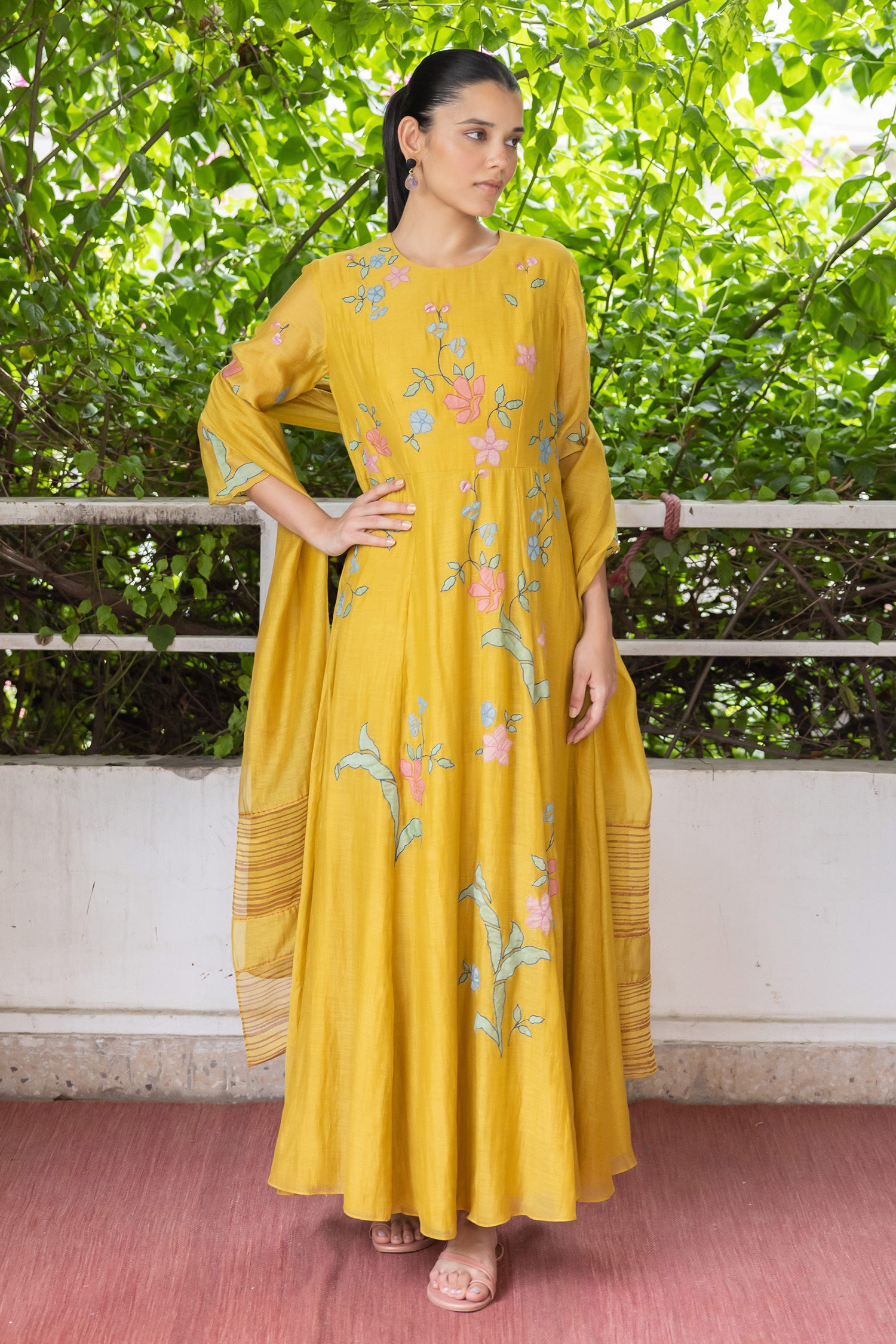 Buy Yellow Muslin Cotton Embroidery Applique Anarkali With Dupatta For ...