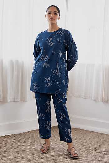 Buy Blue Muslin Cotton Print Abstract Round Top With Pant For Women by ...