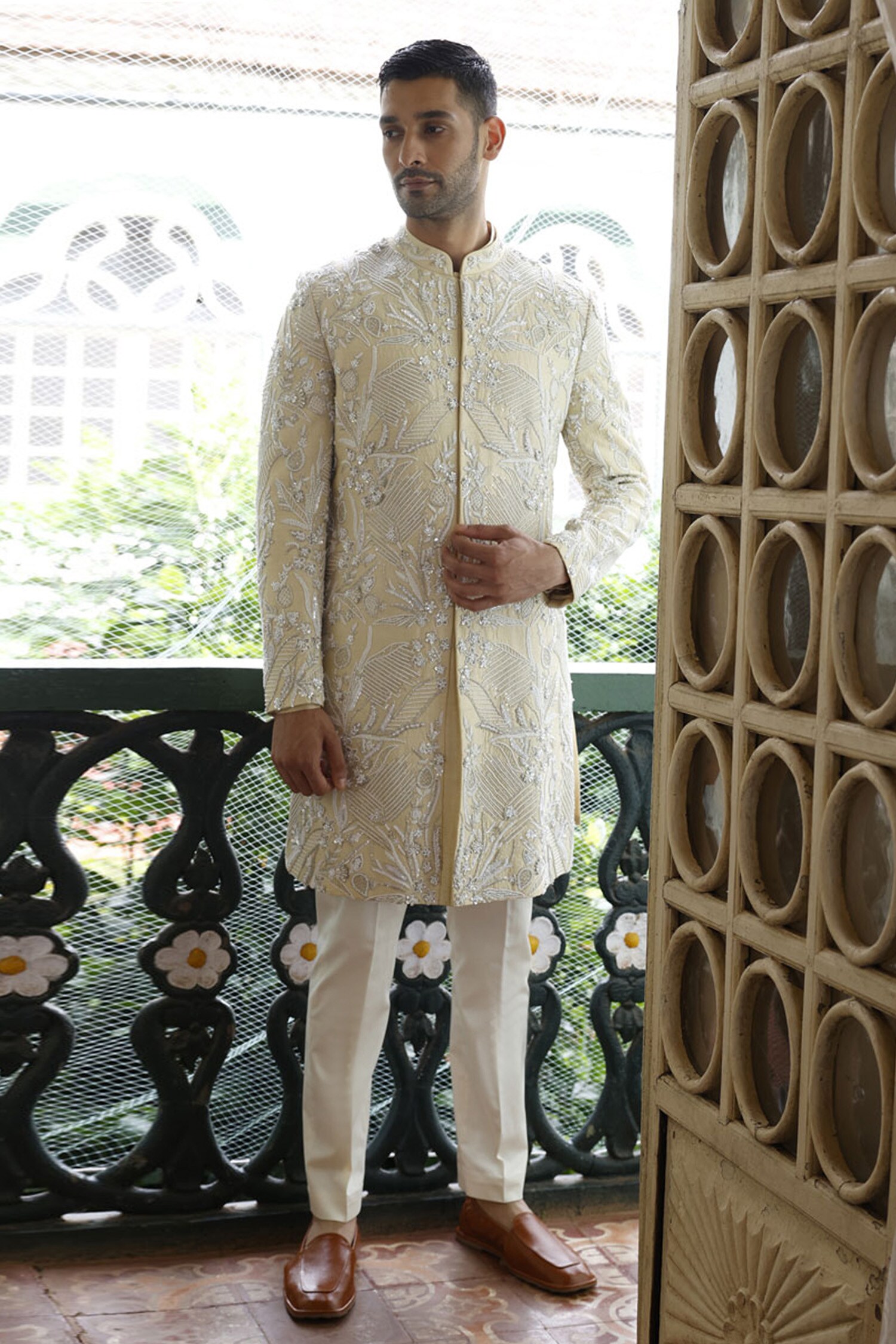 Buy Ivory Silk Embroidery Thread Sherwani Set For Men by Vikram Phadnis Online at Aza Fashions.