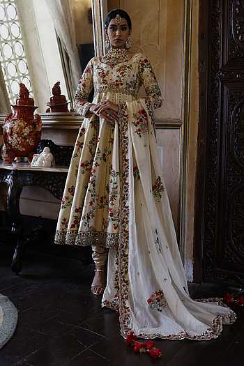 Buy Ivory Kalidar Silk Embroidered Leaf Churidar Set For Women by ...