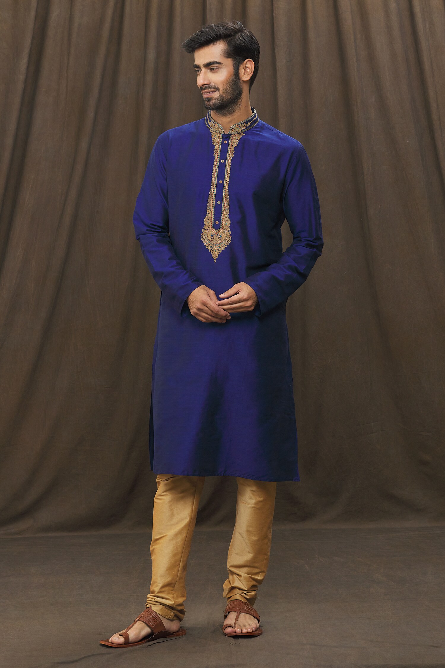 Buy Blue Kurta: Slub Silk Mandarin Collar And Gold Churidar Set For Men ...