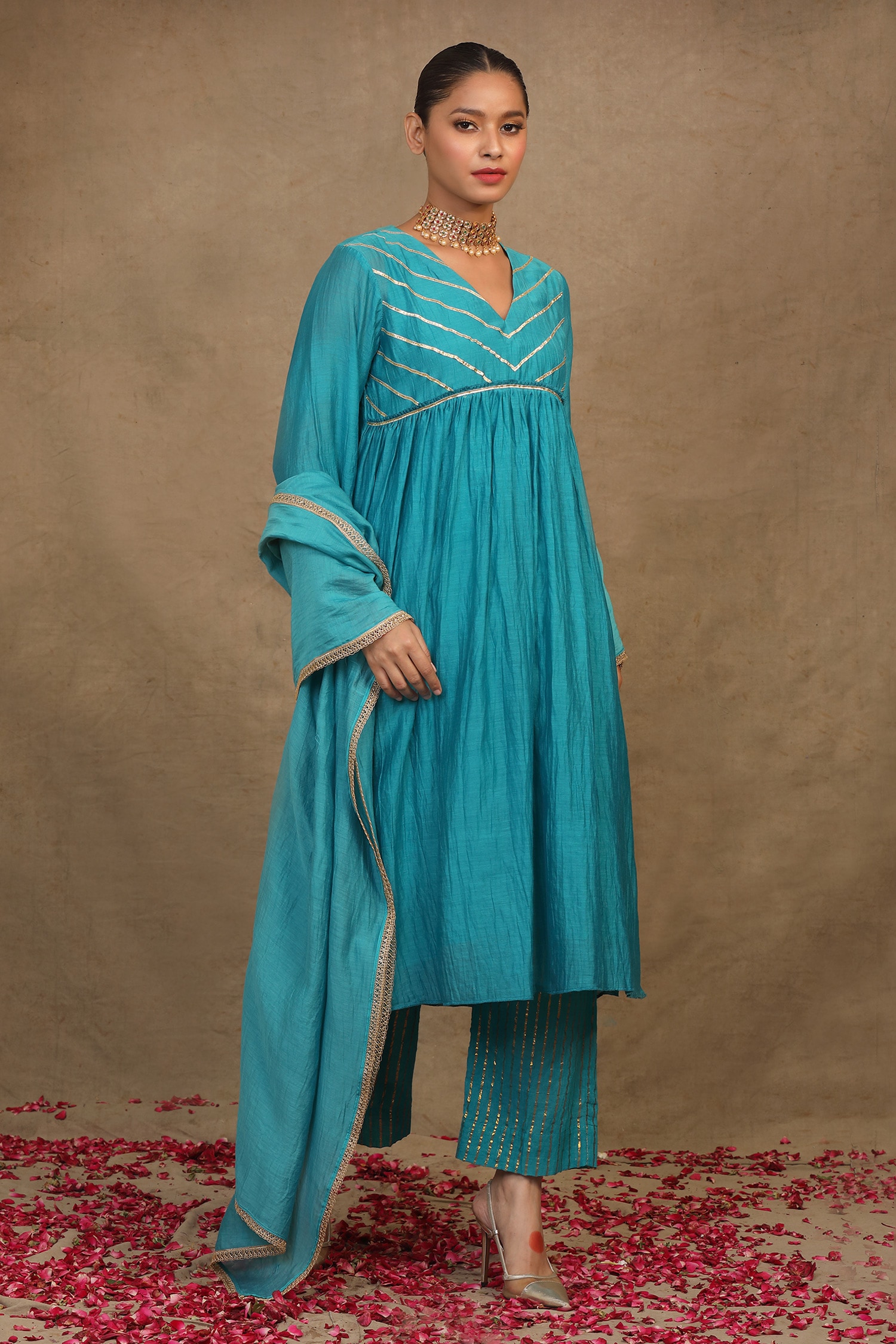 Buy Trendy tokari Blue Silk Chanderi Striped Gota Lace Yoke Embroidered ...