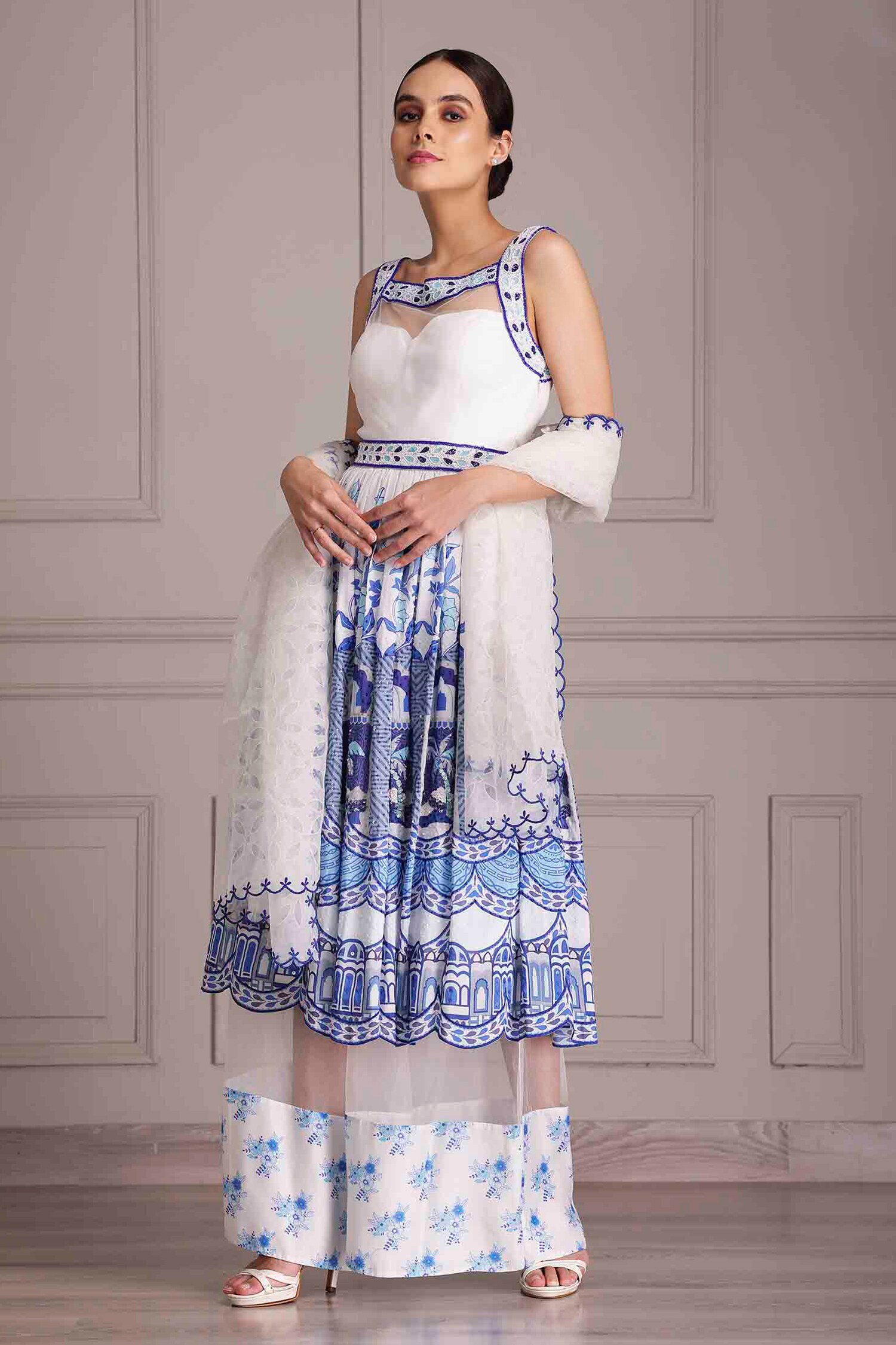 Buy Alpona Designs Blue Palace Print Anarkali And Flared Pant Set ...